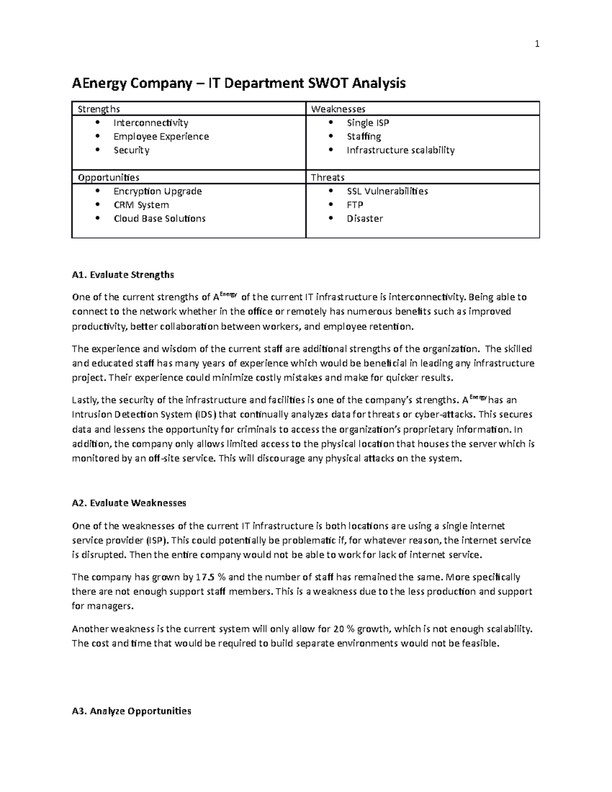 MMT2 Task 1 - Task 1 - AEnergy Company – IT Department SWOT Analysis ...