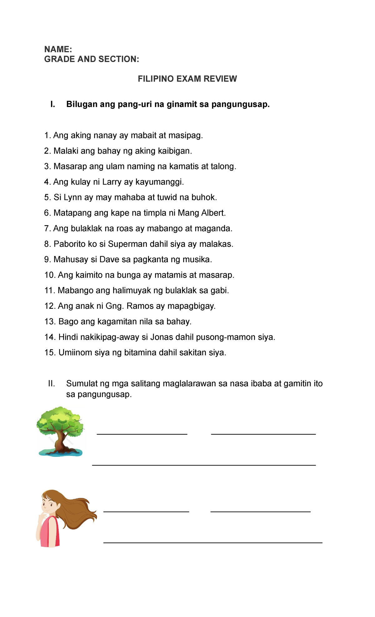 Filipino review exam - NAME: GRADE AND SECTION: FILIPINO EXAM REVIEW I ...