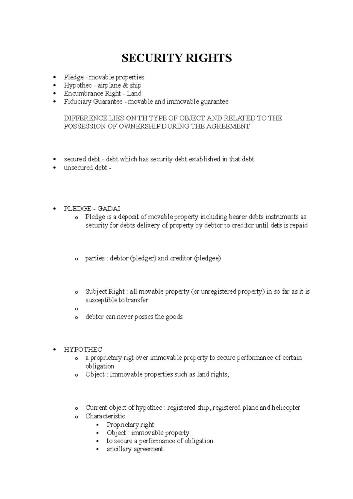 Security Rights - Lecture notes 8 - SECURITY RIGHTS Pledge movable ...