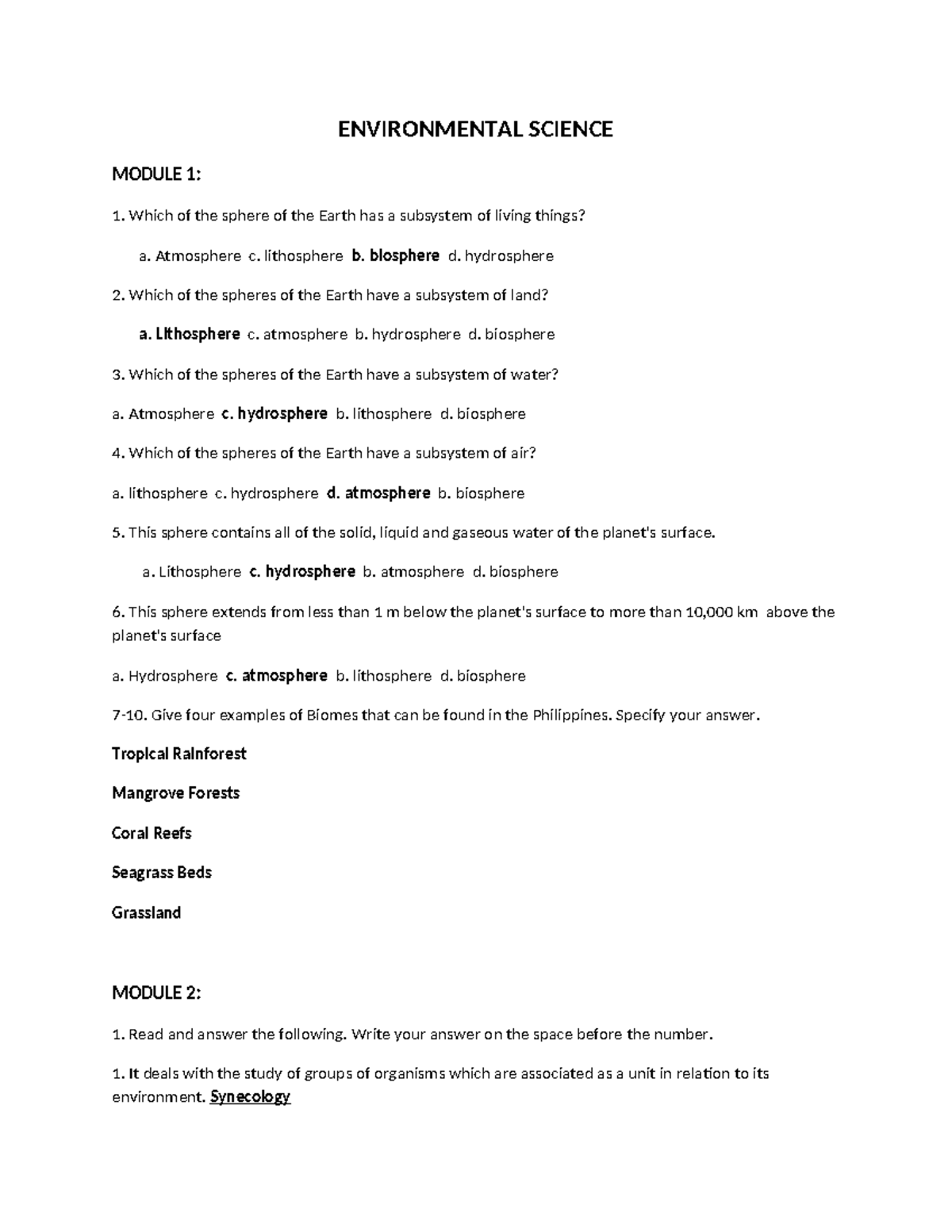 Environmental- Science - ENVIRONMENTAL SCIENCE MODULE 1: 1. Which of ...