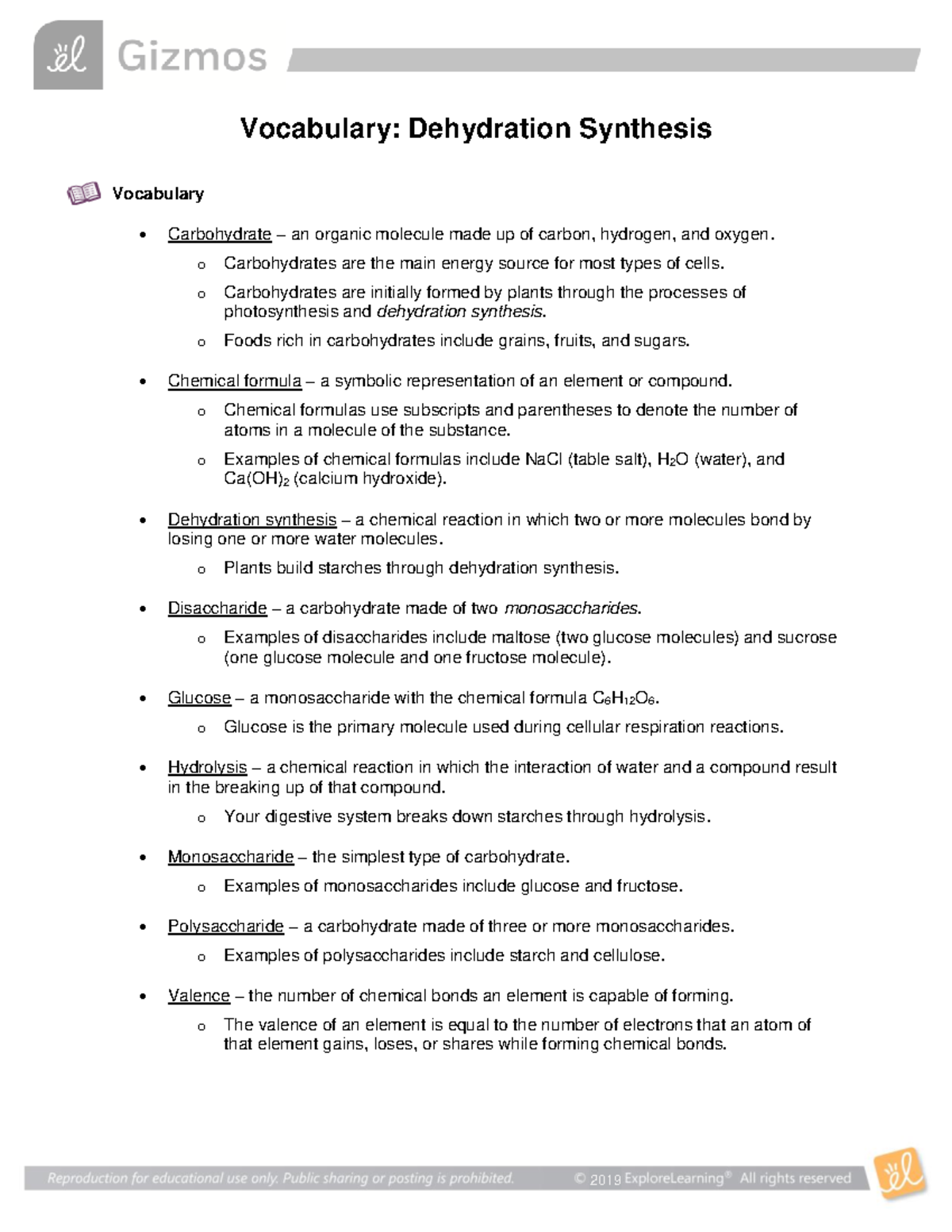 Vocabulary - Gizmos - Dehyrdation Synthesis - 2019 Vocabulary ...