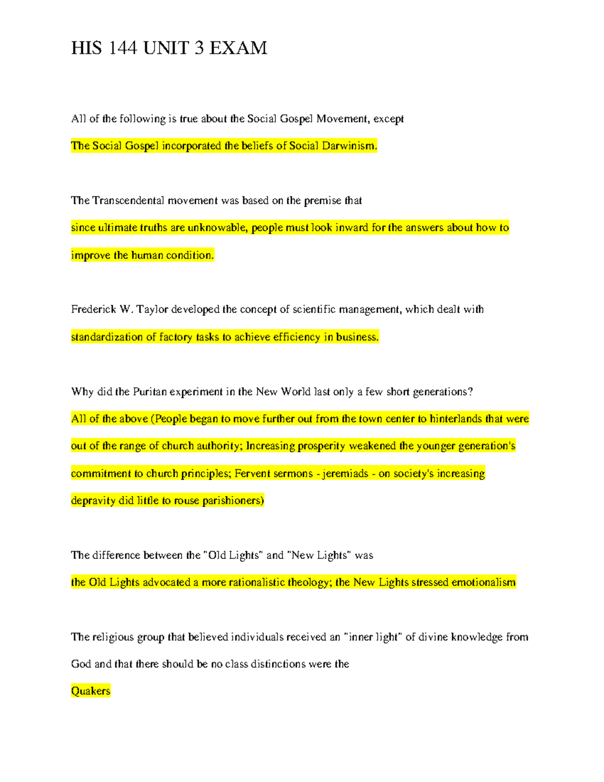 HIS 144 EXAM 3 - EXAM 3 (PROFESSOR FLETCHER SMITH) - HIS 144 UNIT 3 ...