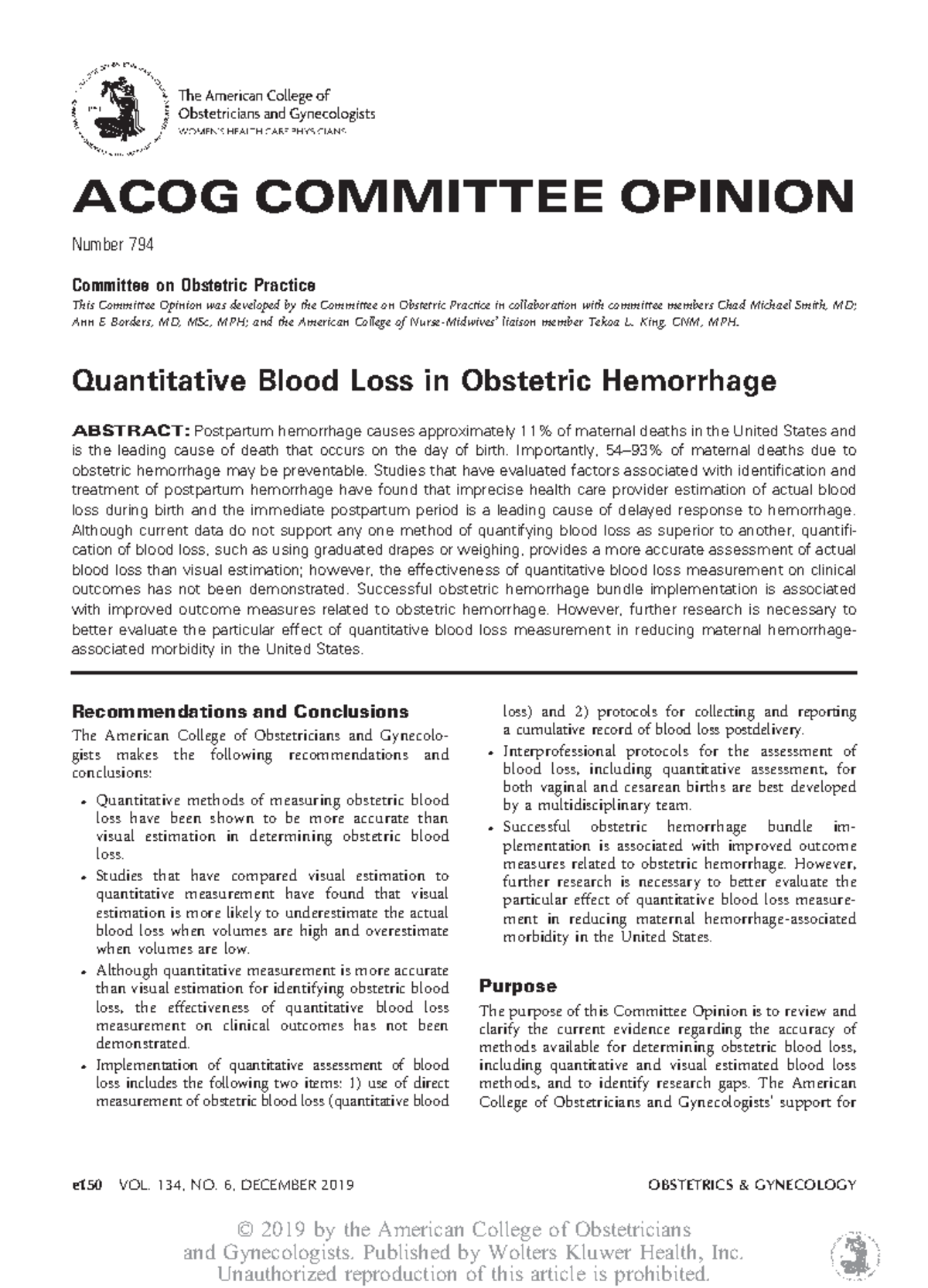 Quantitative Blood Loss in Obstetric Hemorrhage - ACOG COMMITTEE ...
