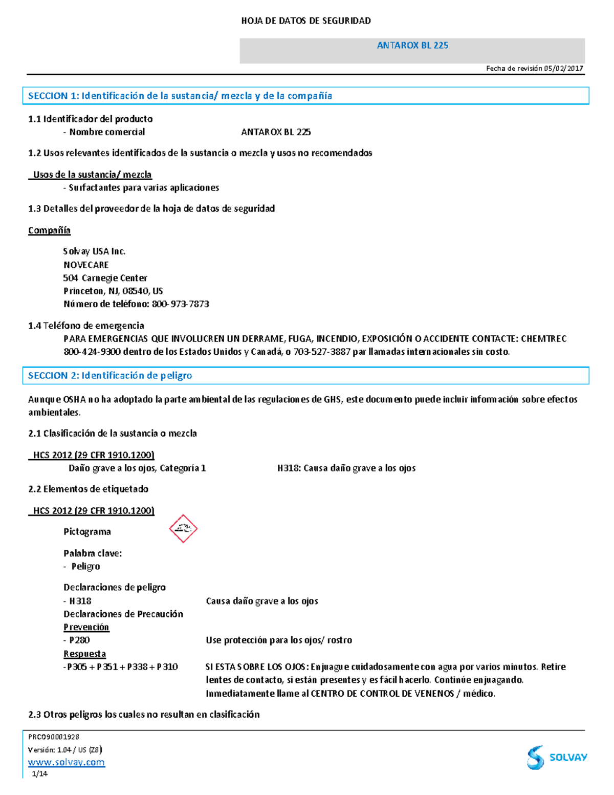 Antarox ® BL 225 - lll - ANTAROX BL 225 Fecha de revisiÛn 05/02/ PRCO ...