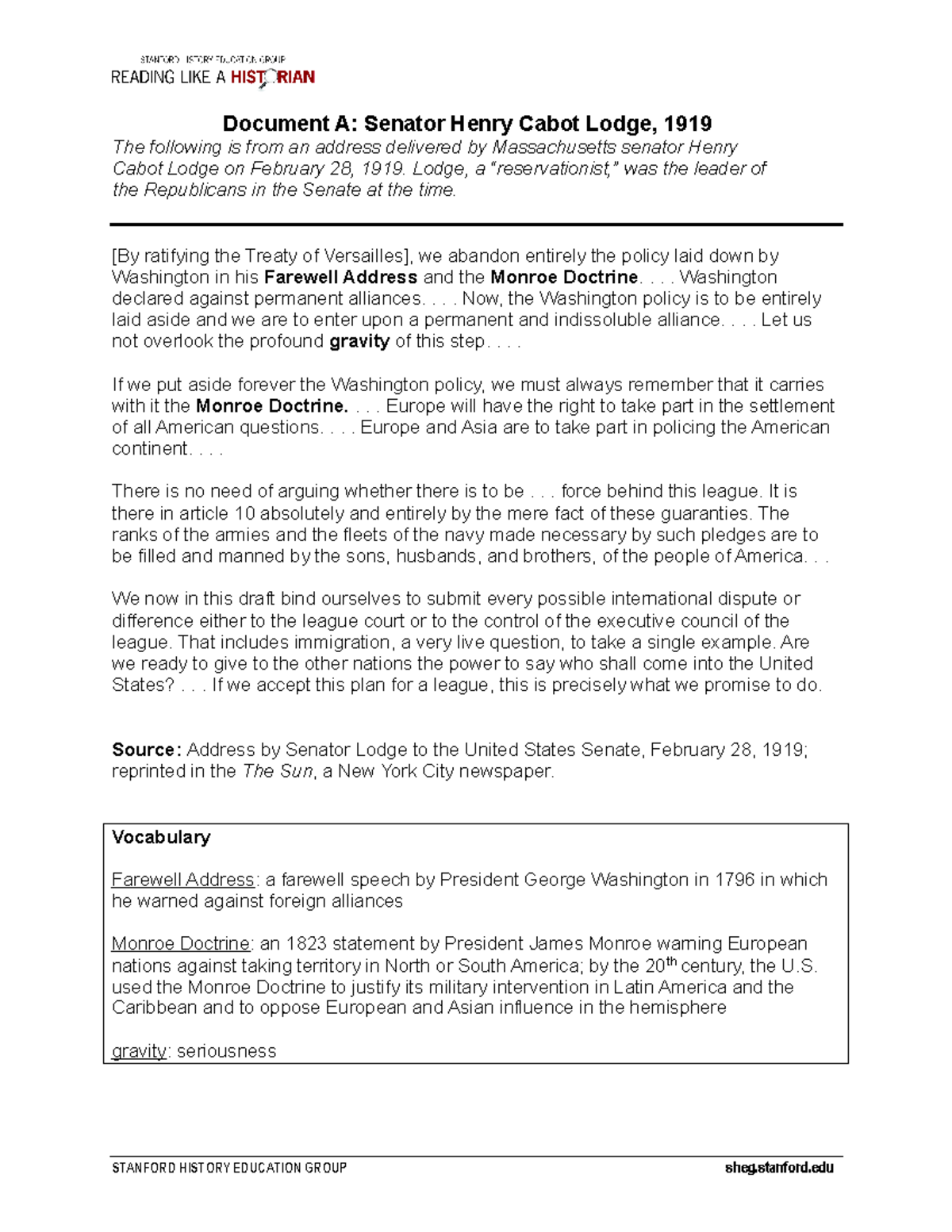 League of Nations Student - Document A: Senator Henry Cabot Lodge, 1919 ...
