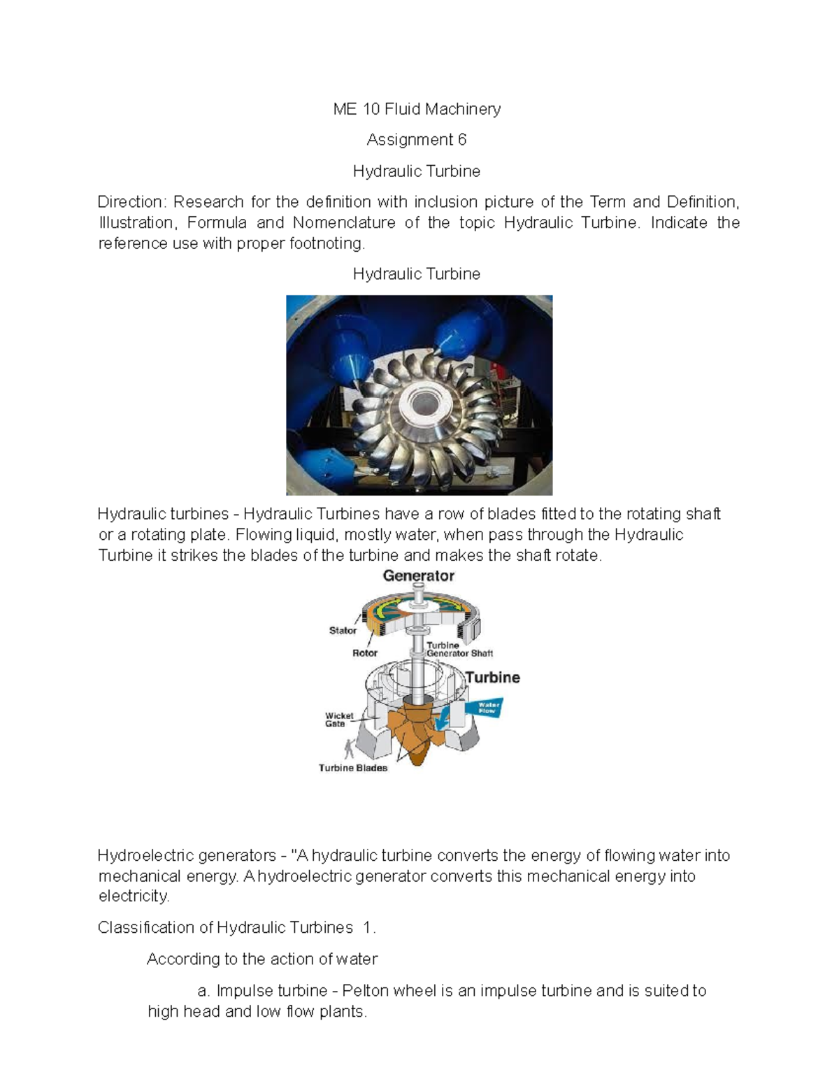 ME10 Assignment 6 Hydraulics Turbine - ME 10 Fluid Machinery Assignment ...