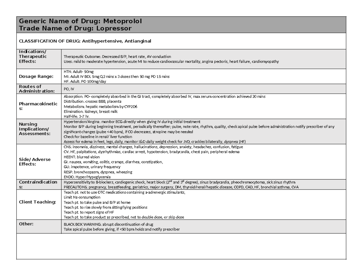 Metoprolol - Drug Cards - Generic Name of Drug: Metoprolol Trade Name ...