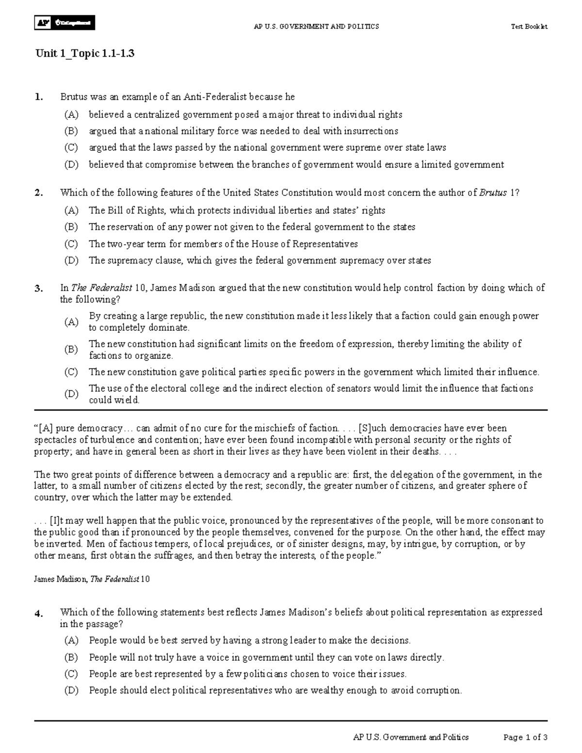 Unit 1 Topic 1.1-1.3 - Brutus was an example of an Anti-Federalist ...