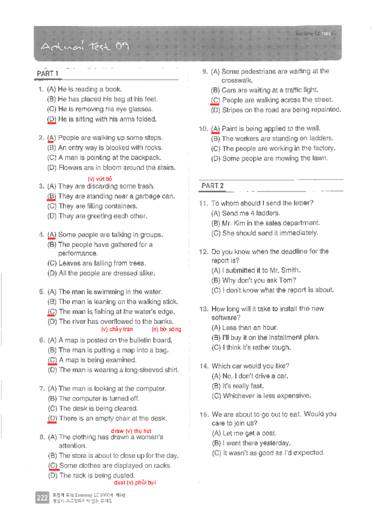 KEY PART 1 - Tiếng anh toeic - PART 1 (A) He is reading a book. (B) He ...