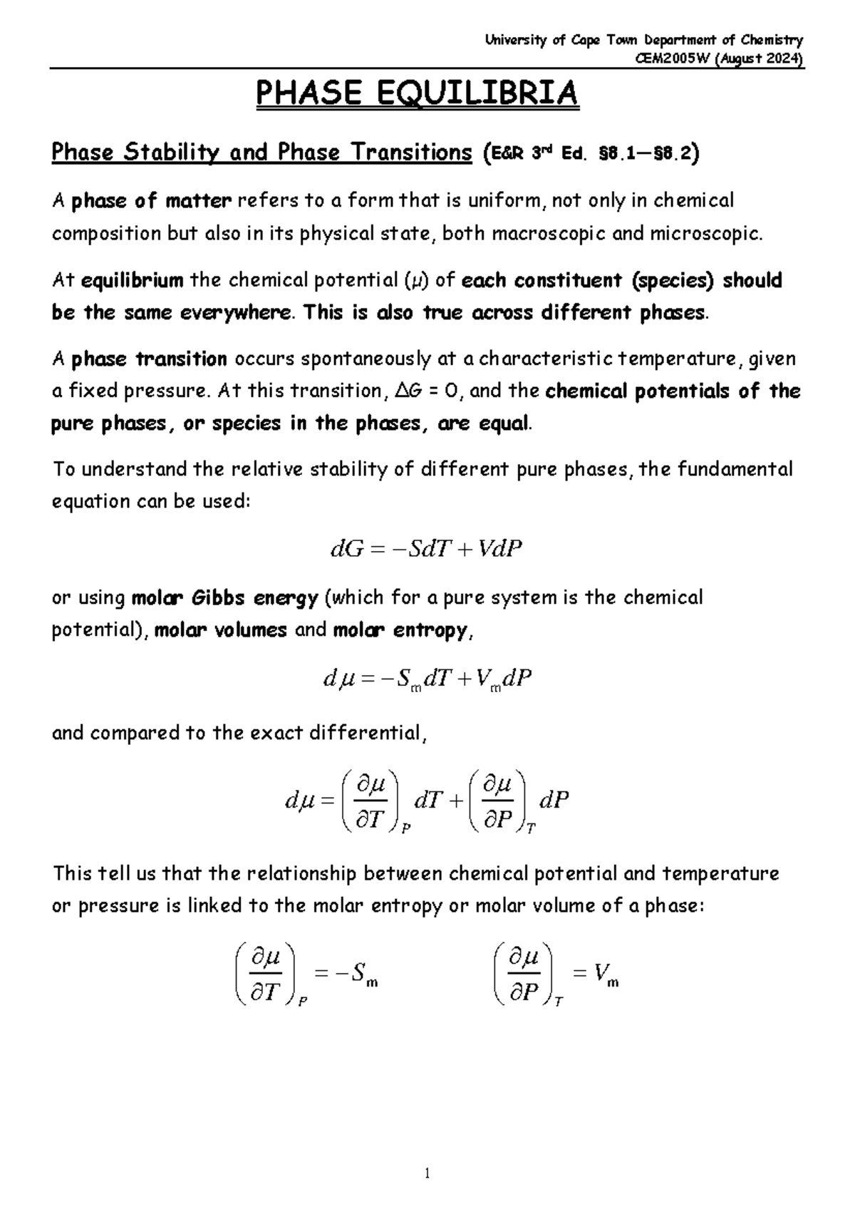 Notes on Phase Equilibria 2024 - University of Cape Town Department of ...