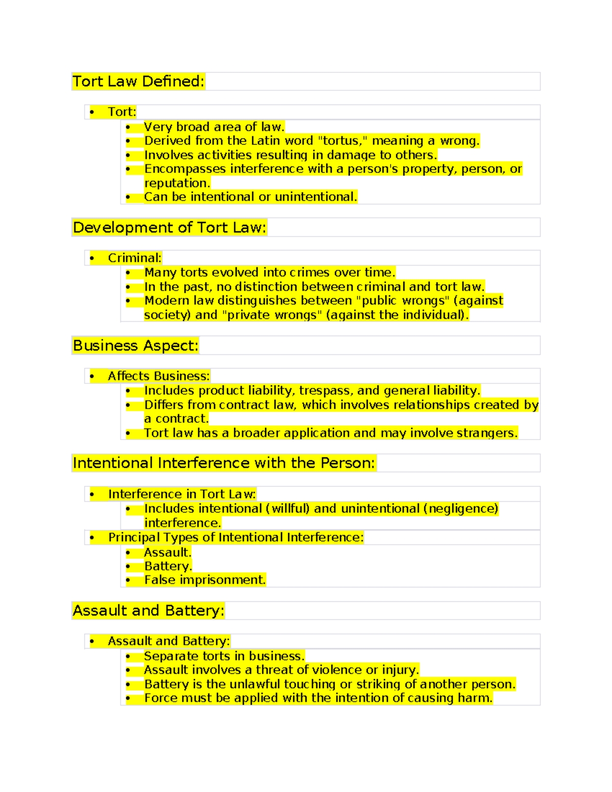 Tort Law Defined - Tort Law Defined: Tort: Very broad area of law ...