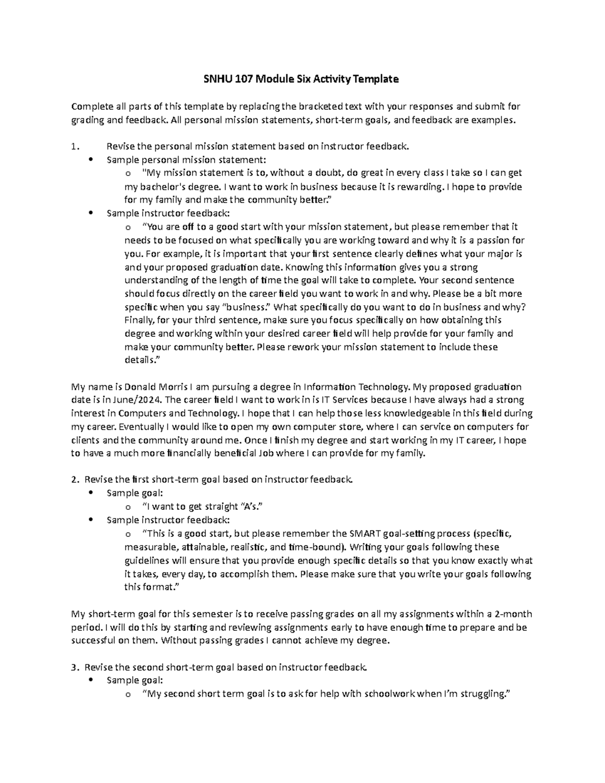 SNHU 107 Module Six Activity Template Filled in - SNHU 107 Module Six ...