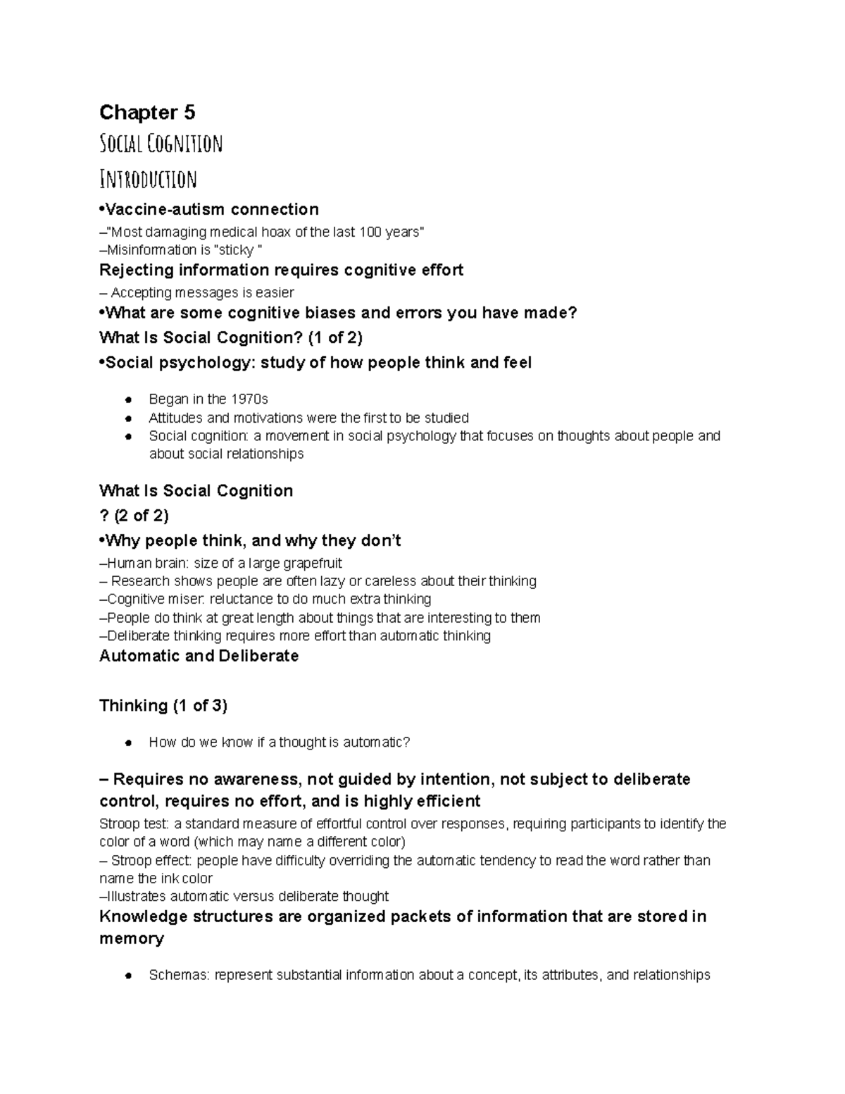 Chapter 5 Notes Soc Psych 208 - Chapter 5 Social Cognition Introduction ...