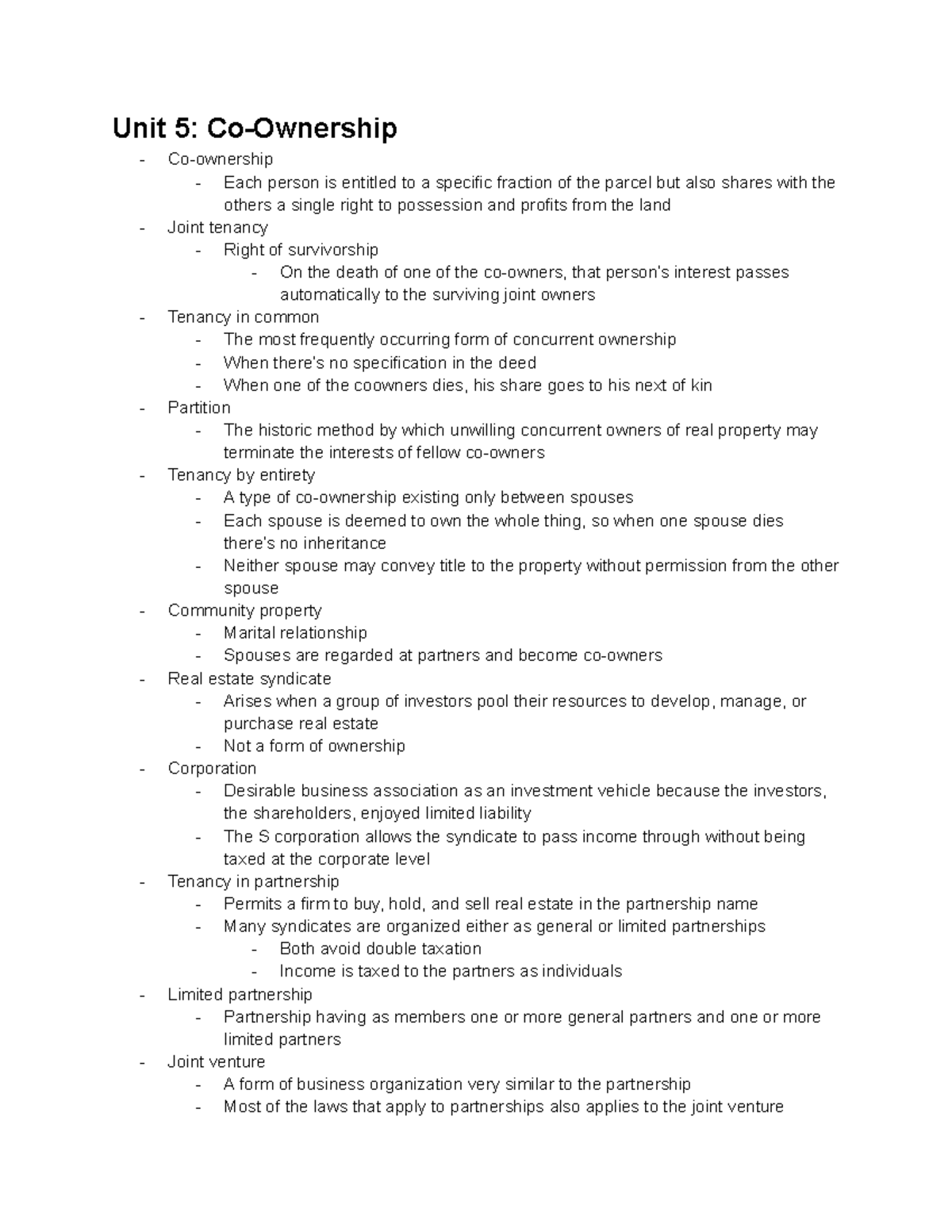 Unit 5 Co-Ownership - unit 5: co-ownership notes - Unit 5: Co-Ownership ...