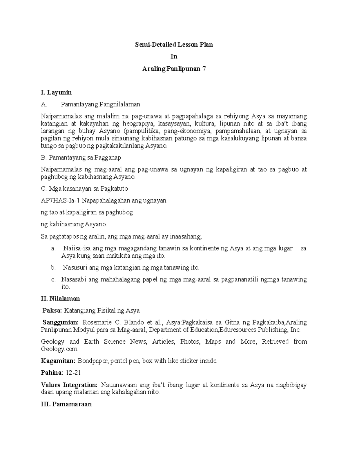 EDUC 10 SDLP - Semi-Detailed Lesson Plan In Araling Panlipunan 7 I ...
