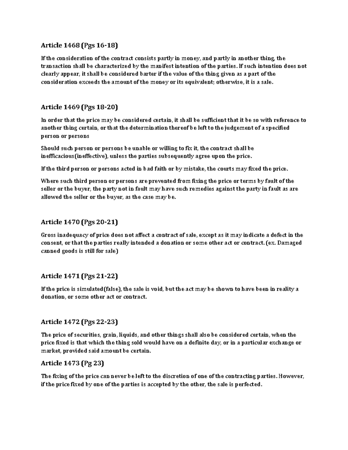 Law on Sales Articles 1468-1488 - Article 1468 (Pgs 16-18) If the ...