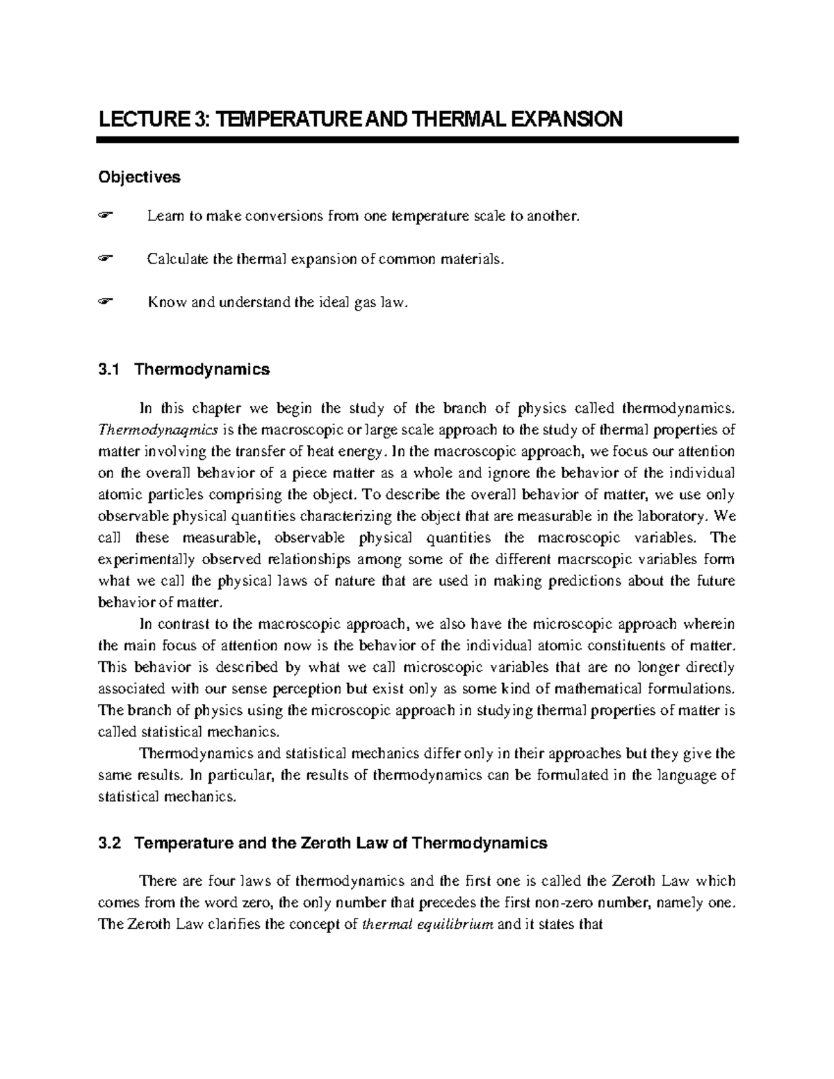 Lesson 3 Temperature and Thermal Expansion - LECTURE 3: TEMPERATURE AND THERMAL EXPANSION ...
