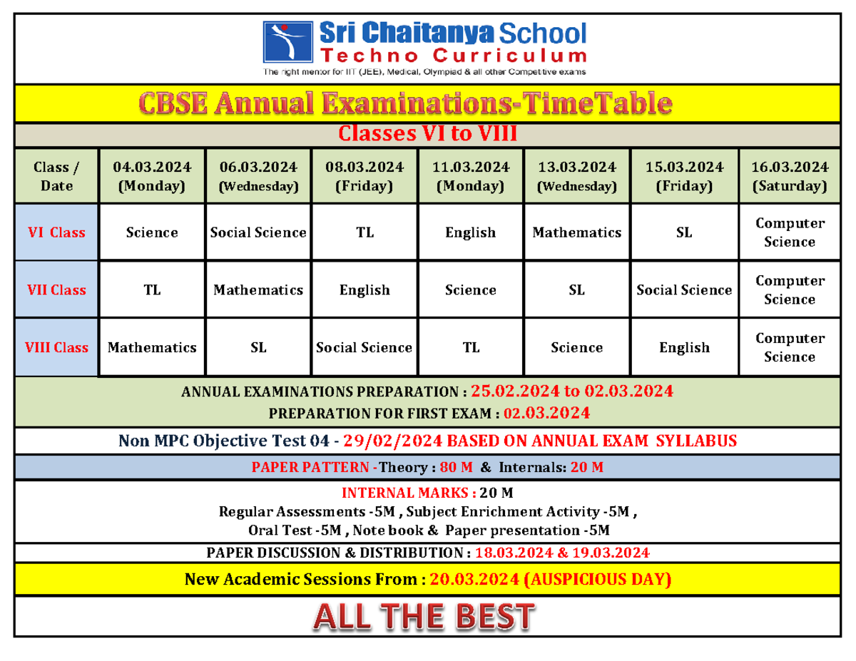 CBSE Annual Examinations-Time Table (VI-VIII) - Class / Date 04 ...