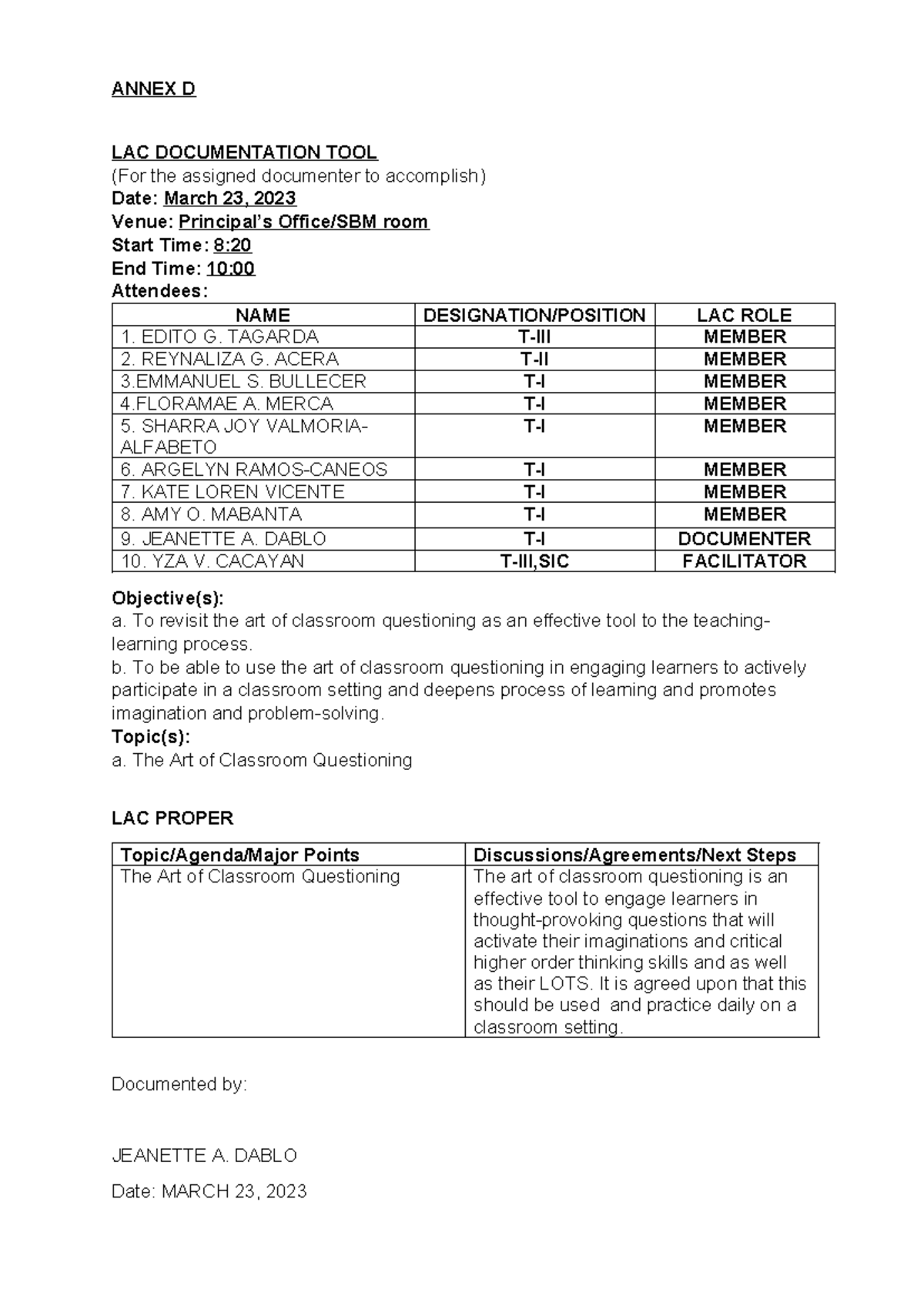 LAC Annex D - n/a - ANNEX D LAC DOCUMENTATION TOOL (For the assigned documenter to accomplish ...