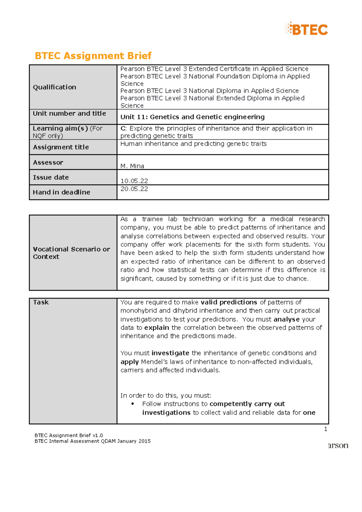 U 11 Human Inheritance and Predicting Genetic Traits 2021-2022 (Minas) - BTEC Assignment Brief ...