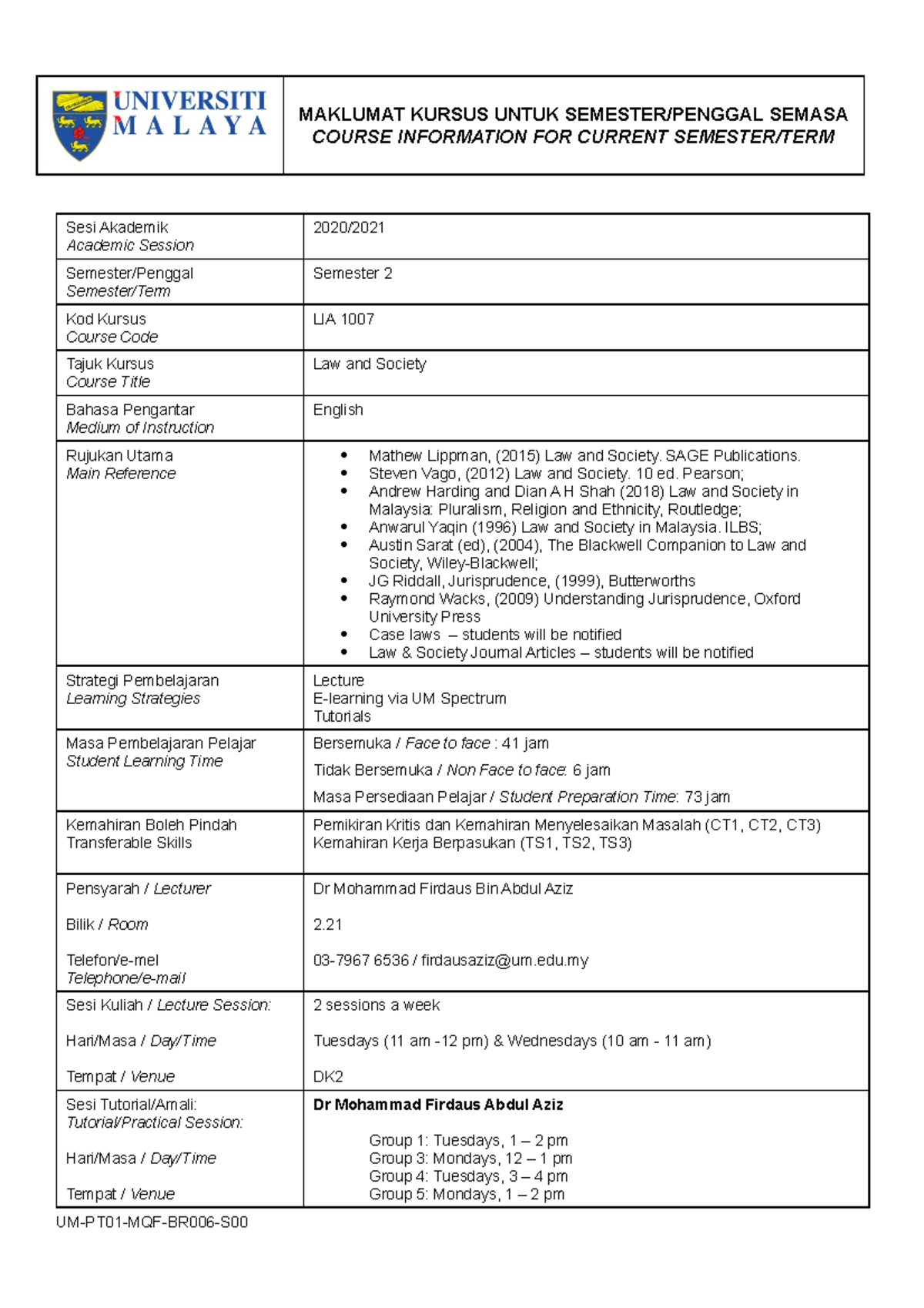 LIA 1007 Course Information 2020 2021 Sem 2 - COURSE INFORMATION FOR ...