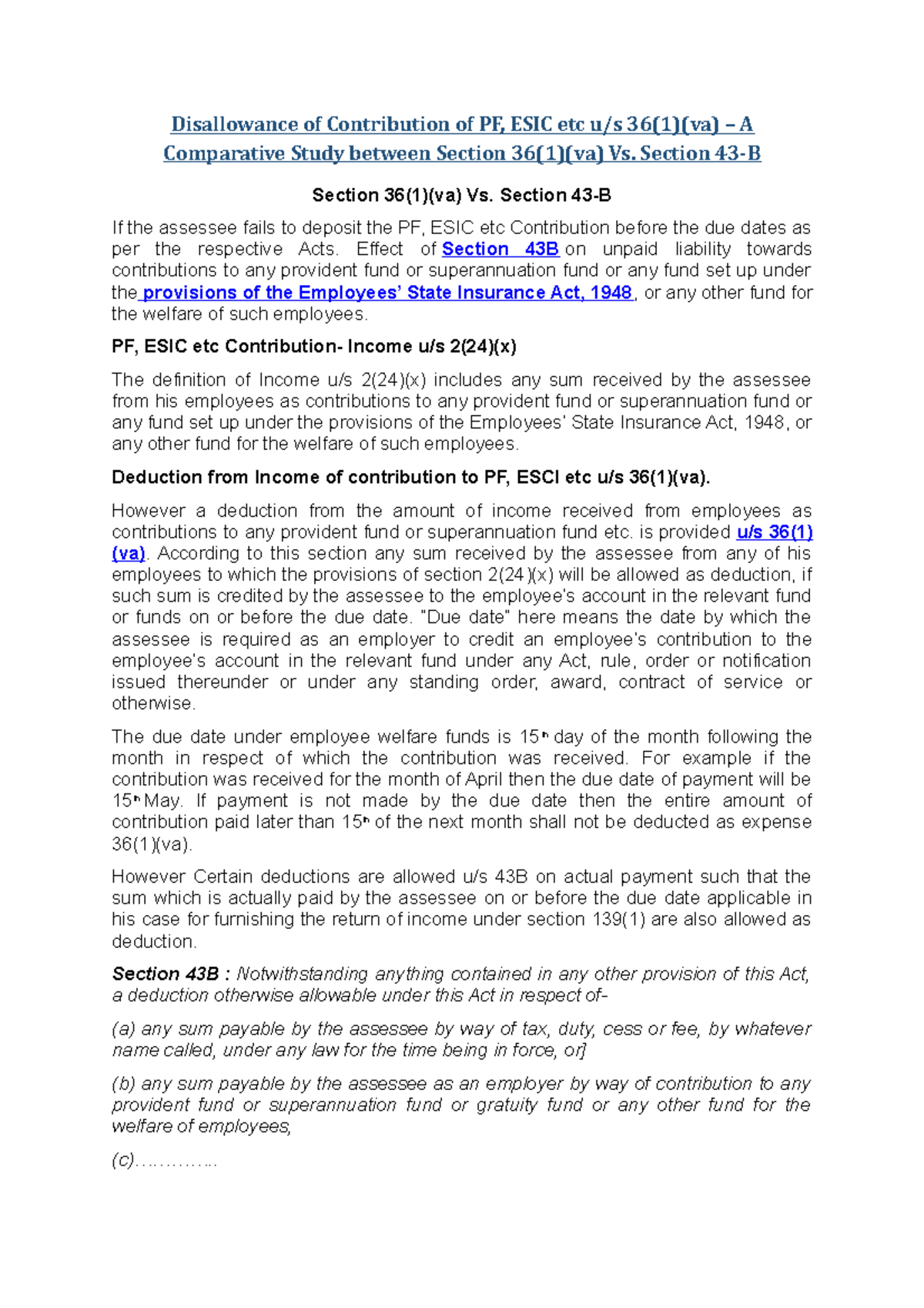 Disallowance of Contribution of PF - Section 43-B Section 36(1)(va) Vs ...