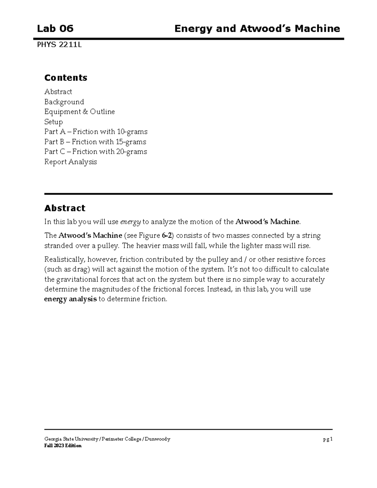 Lab 06 Energy And Atwood's Machine - PHYS 2211L Georgia State ...