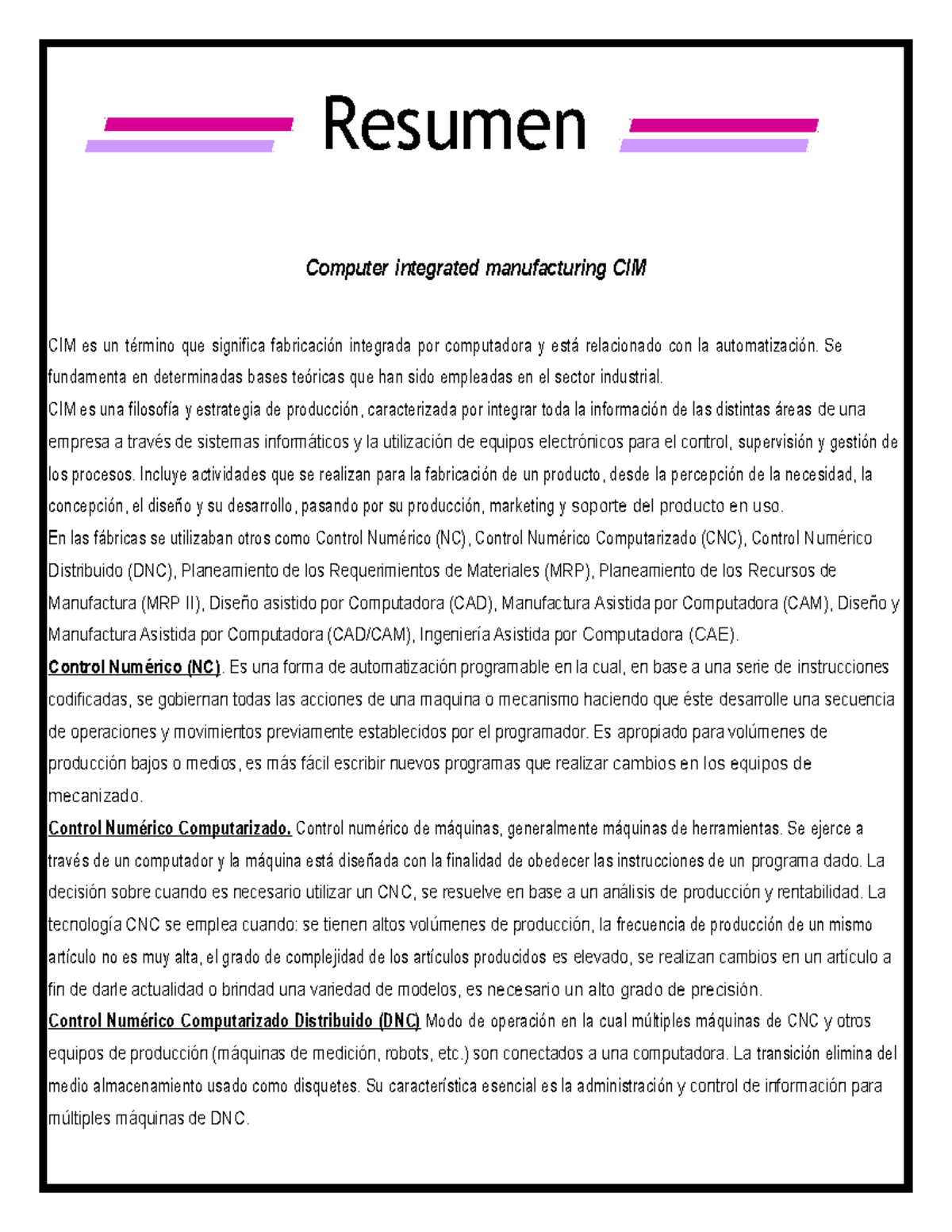 RESUMEN DE QUE ES UN CIM ( COMPUTER INTEGRATED MANUFACTURING ...