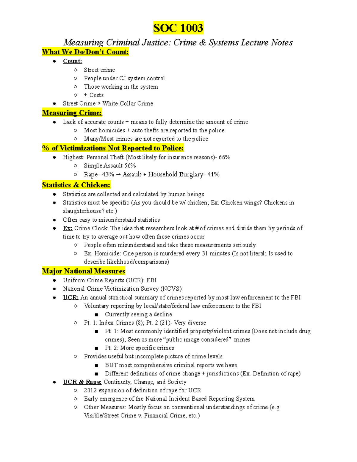 SOC 1003 Measuring Criminal Justice Lecture Notes - Measuring Criminal ...