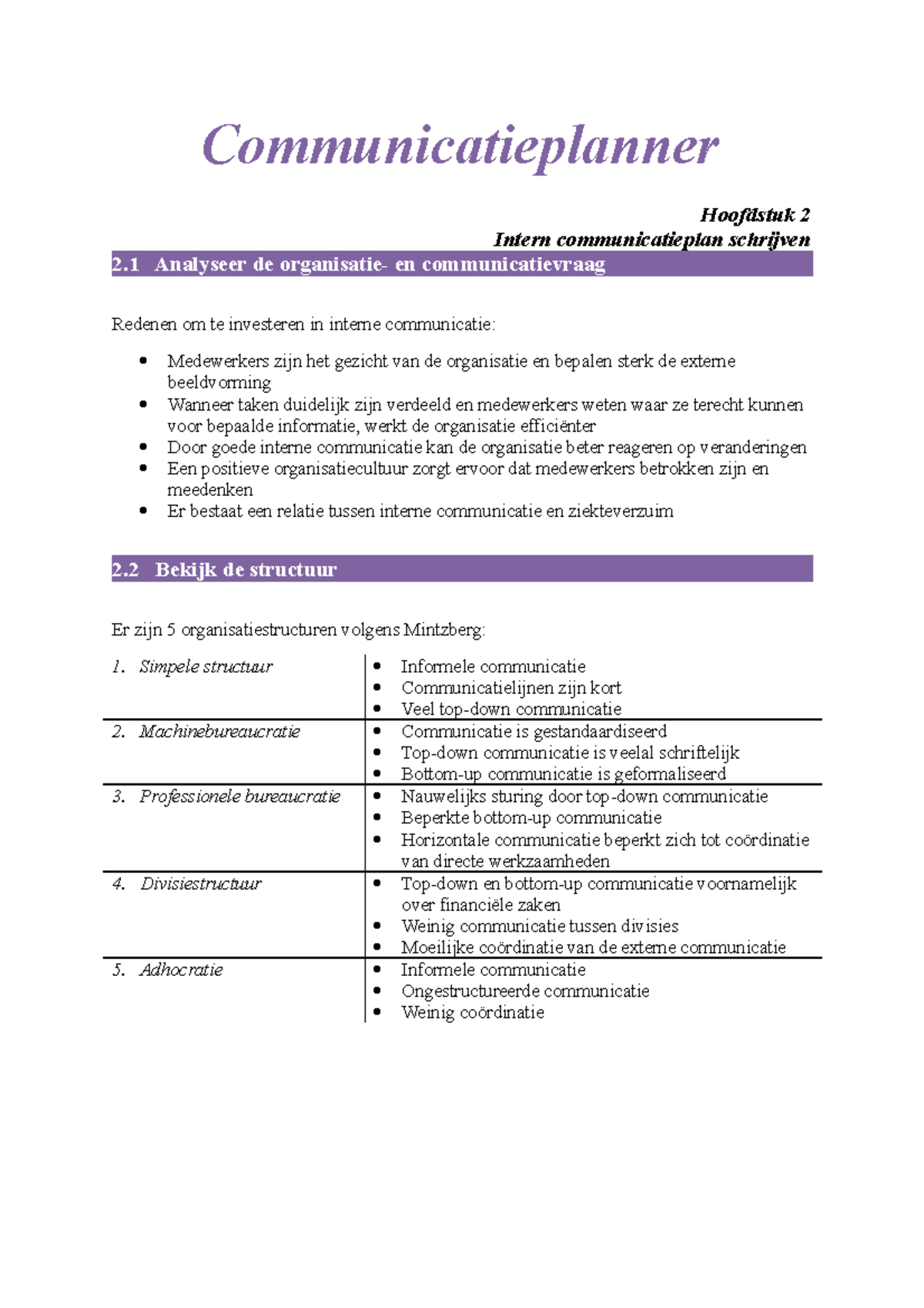 Samenvatting Communicatieplanner - Communicatieplanner Hoofdstuk 2 ...