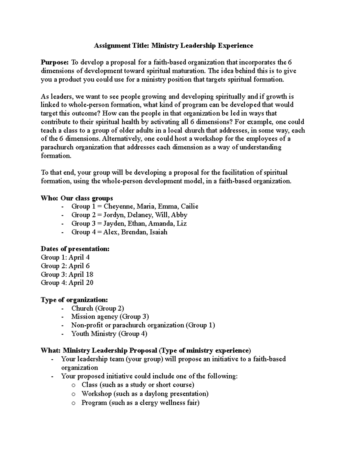 Ministry Experience - Project instructions - Assignment Title: Ministry ...