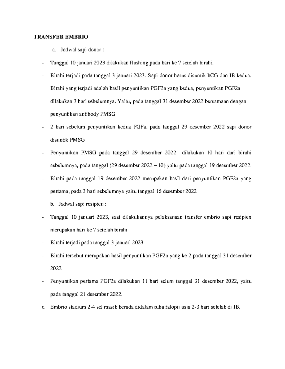 Transfer Embrio 1 - TRANSFER EMBRIO 2489+{?># a. Jadwal sapi donor ...