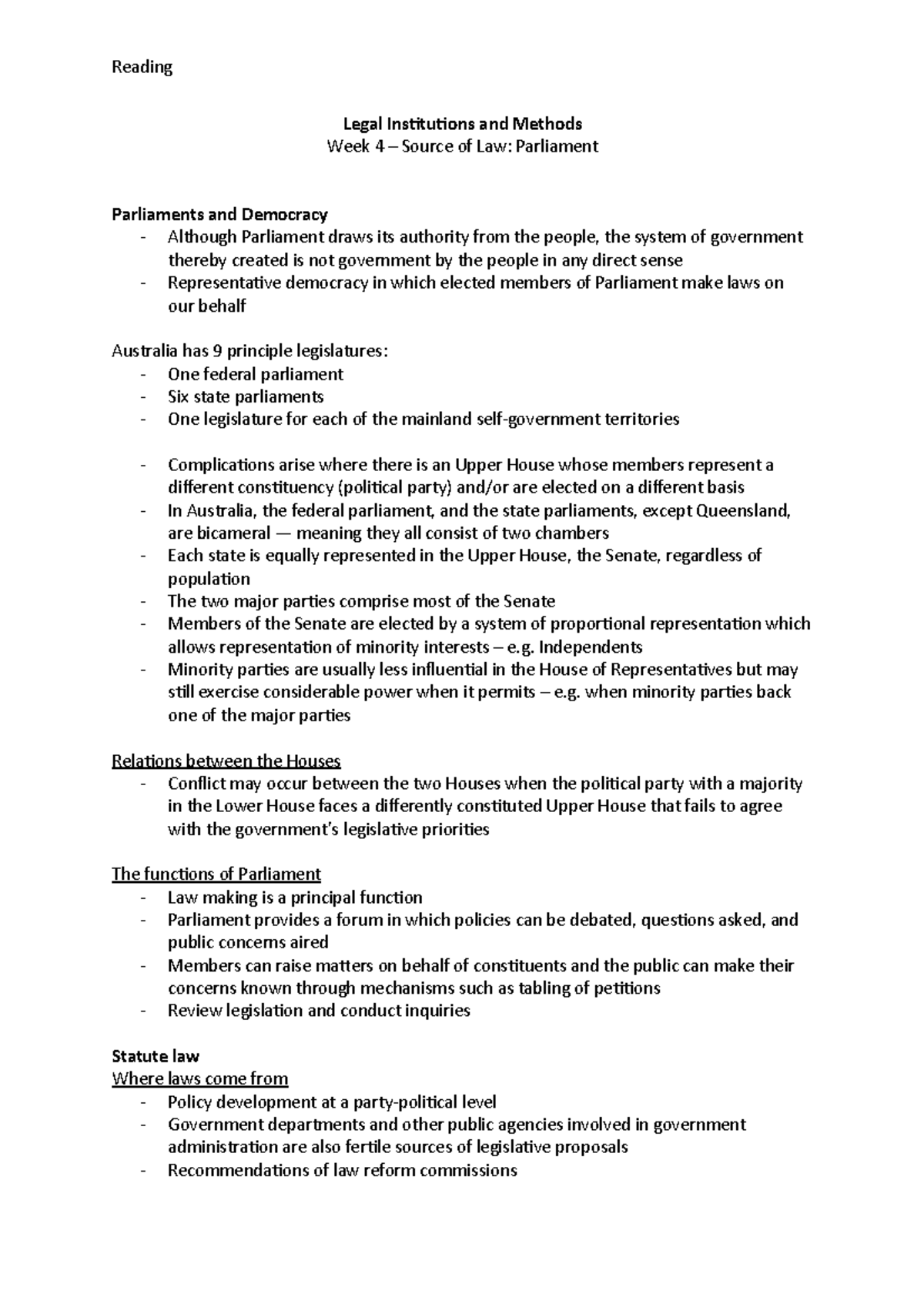 Week 4 - Source of Law - Parliament - Legal Institutions and Methods ...