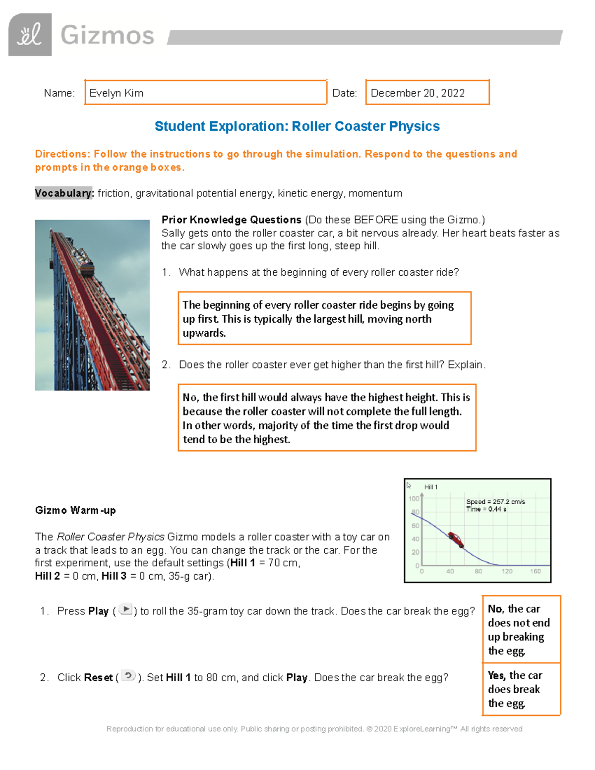 Roller Coaster SE - Solutions - Name: Evelyn Kim Date: December 20 ...