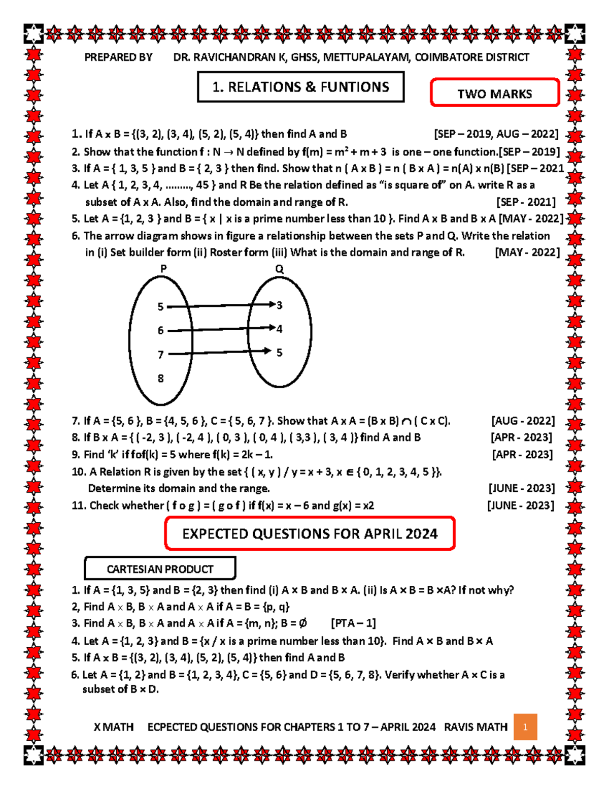 X MATH Expected Questions FOR April 2024 Chapters 1 TO 7 - 1. If A B ...