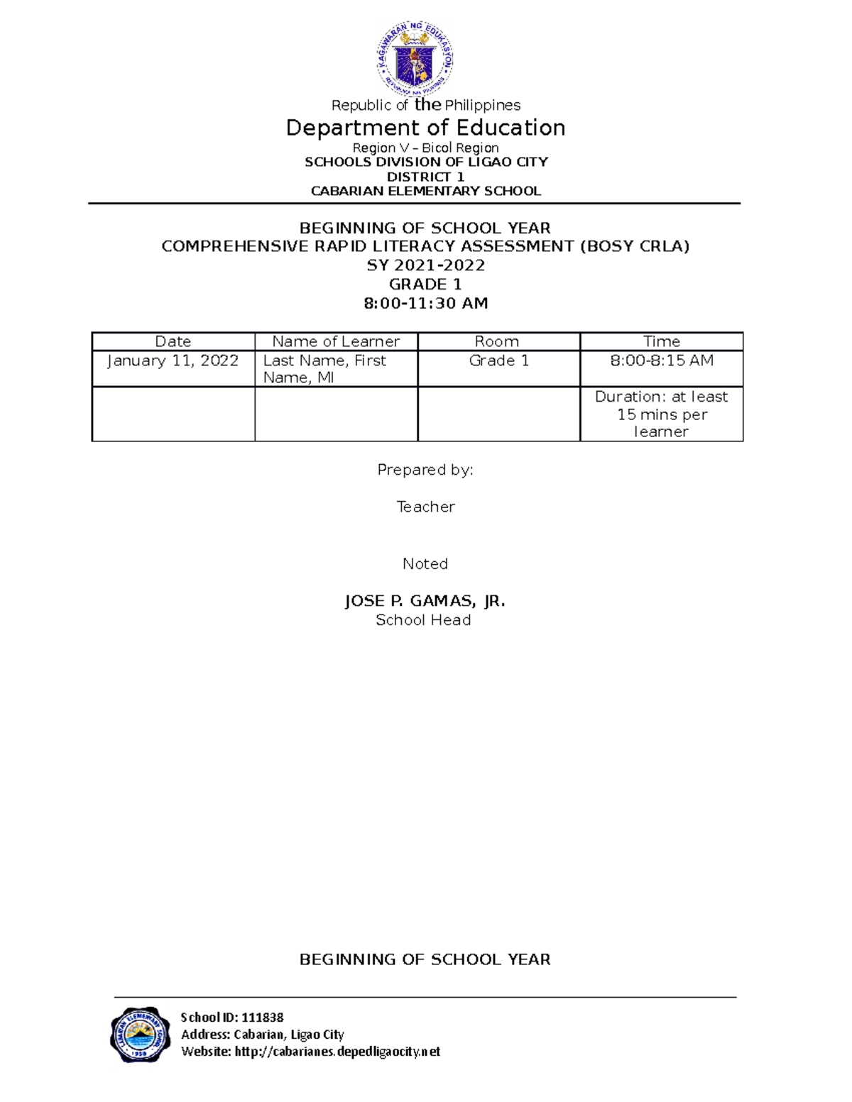 Beginning of School Year CRLA 2021-2022 - Republic of the Philippines ...
