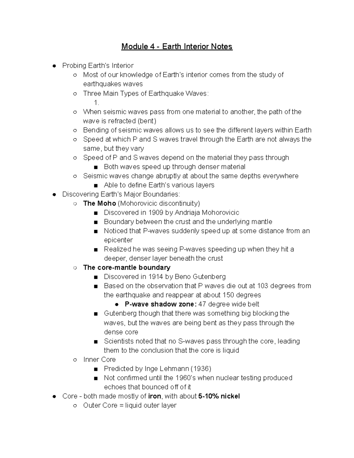 GEOL 101 Module 4 - Earth Interior Notes - Module 4 - Earth Interior ...