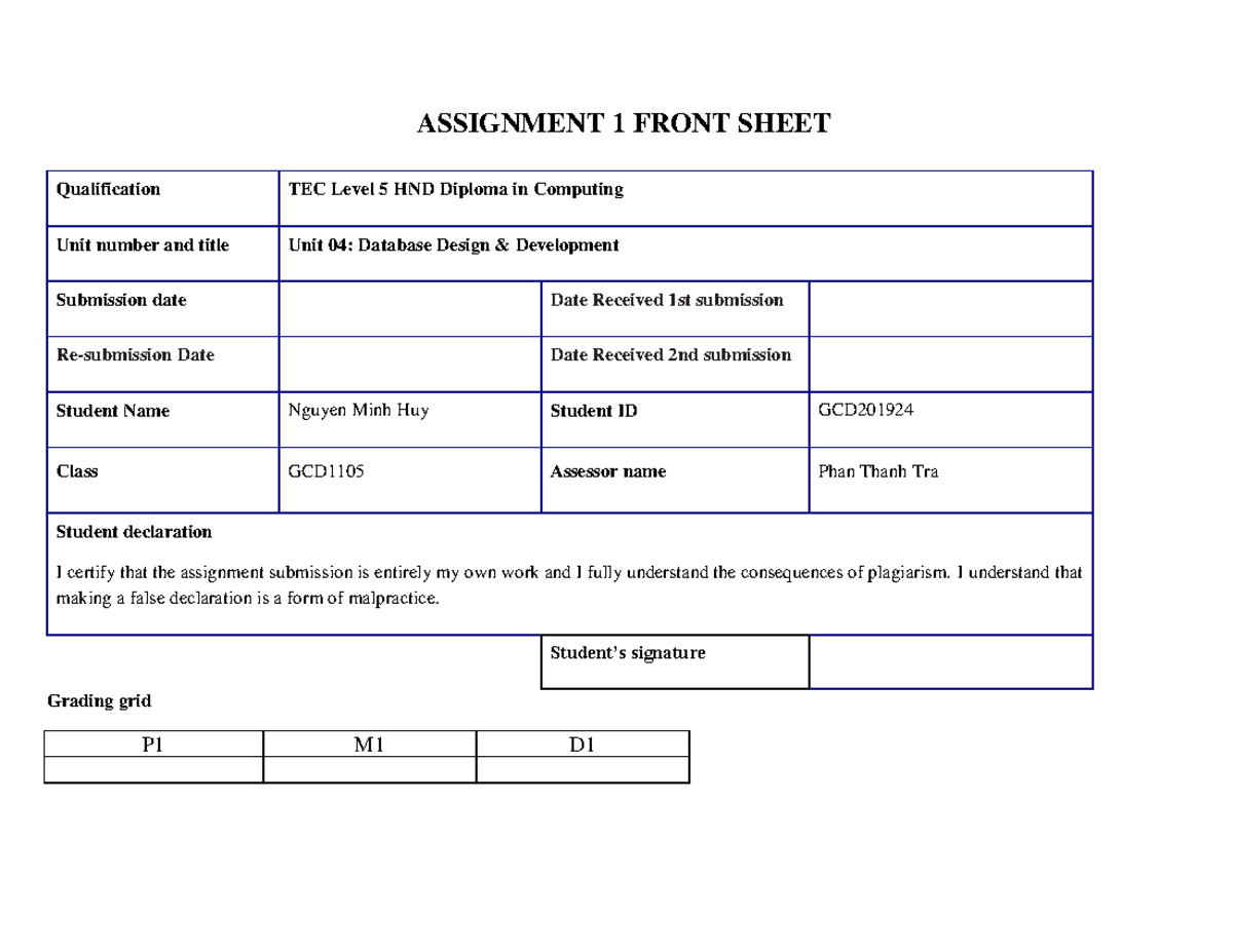 Nguyenminhhuy GCD2019 24 Assignment 1 Database Design Development - ASSIGNMENT 1 FRONT SHEET ...