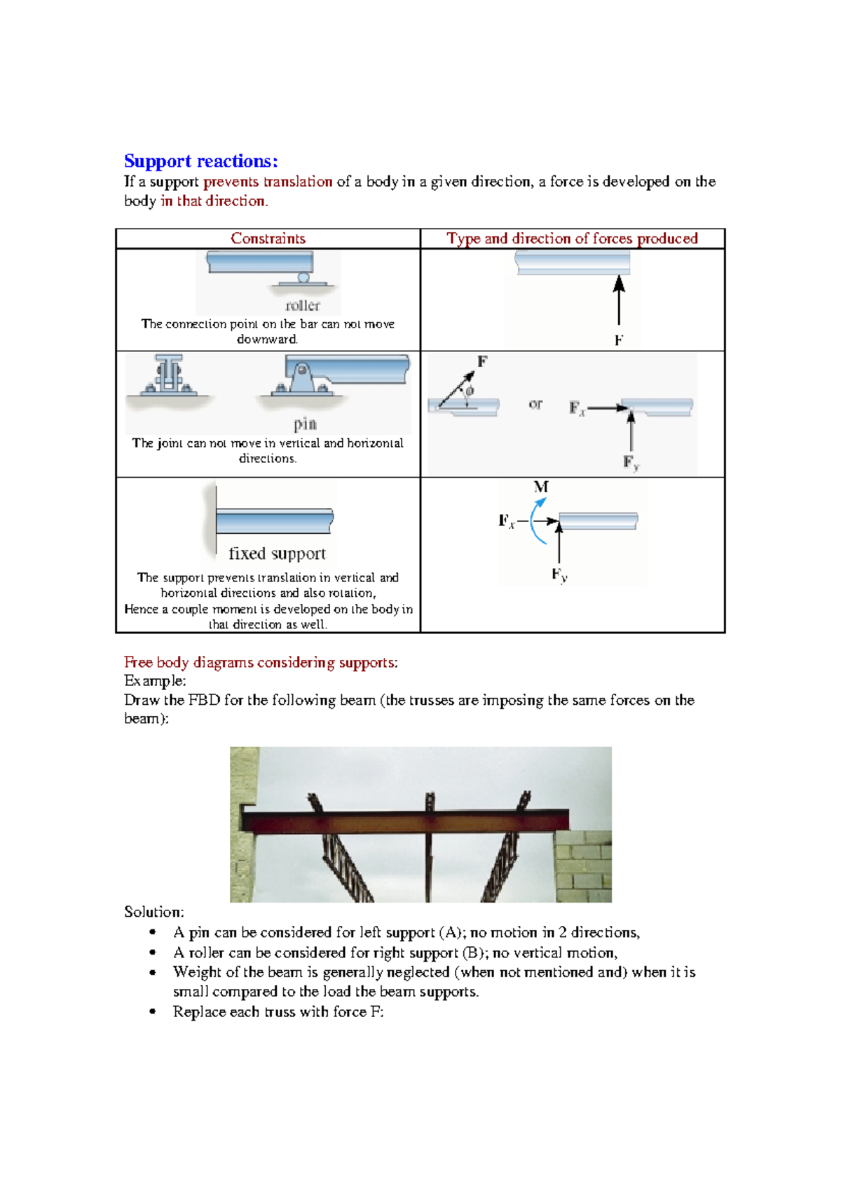 Support reactions - n/a - Support reactions: If a support prevents ...