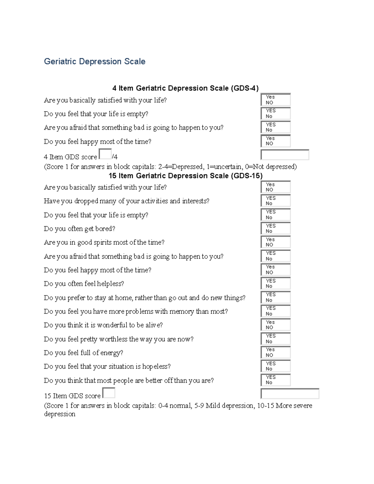 Geriatric Depression Scale - Cutoff: normal 0-9, mild depressives 10-19 ...