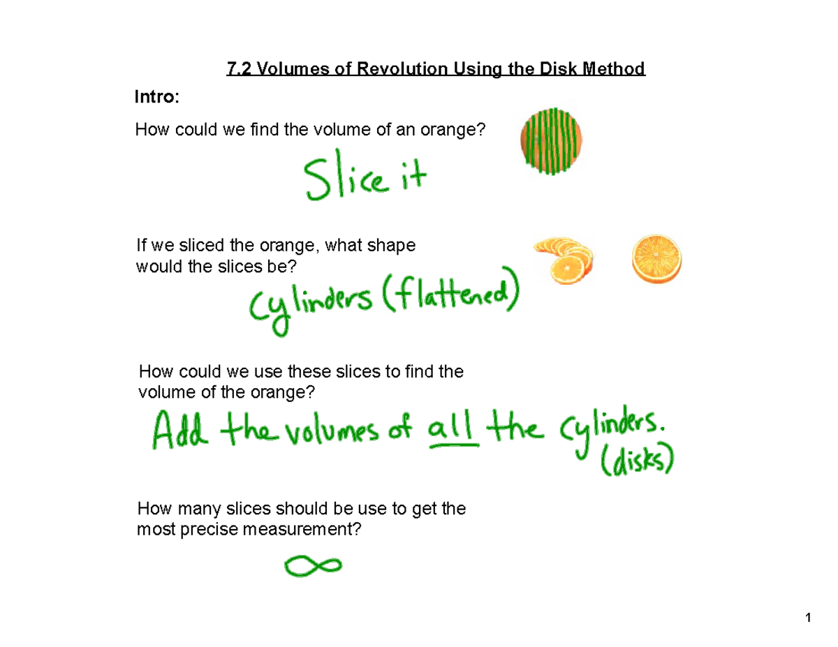 7 - Lecture notes 10 - 7 Volumes of Revolution Using the Disk Method ...