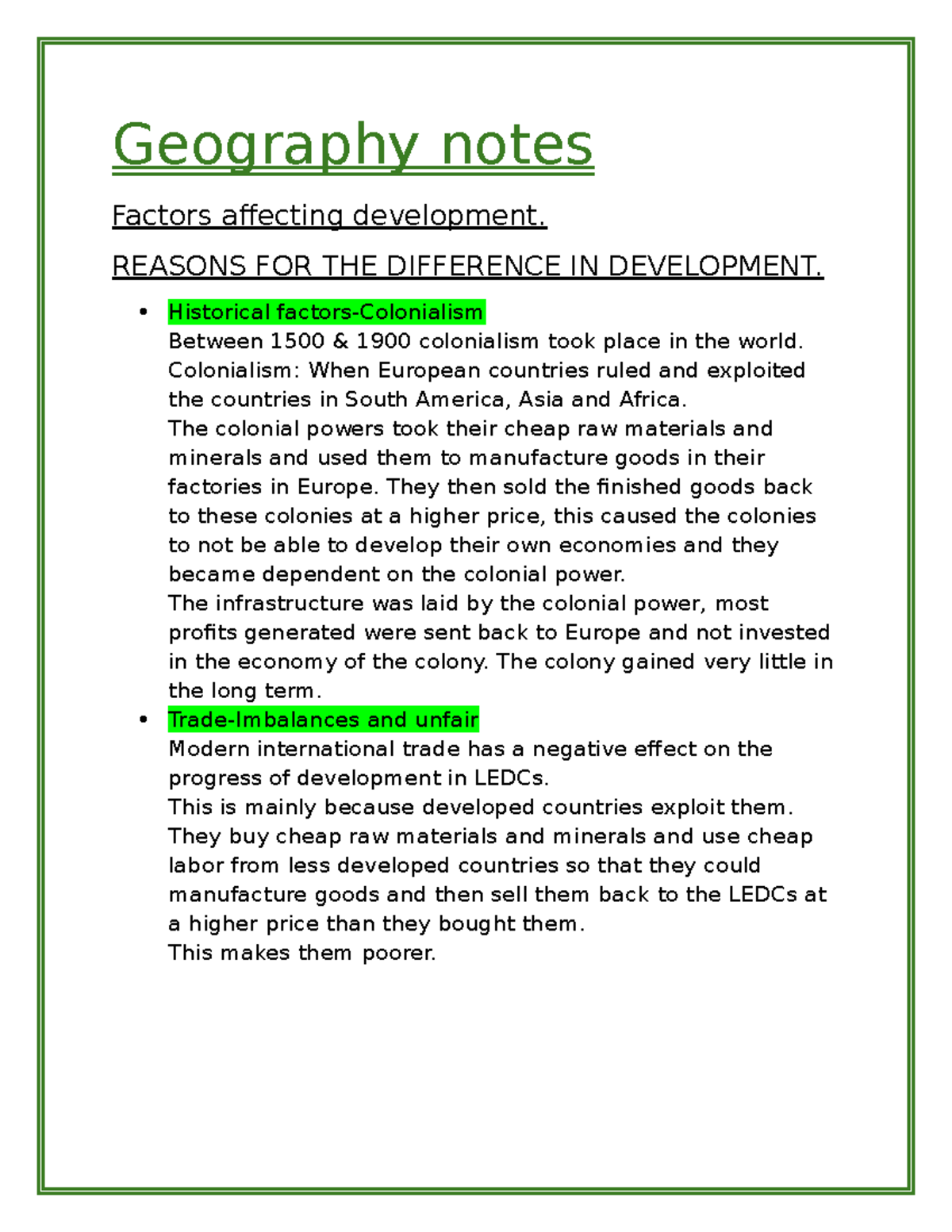 Geo notes 2024 - Geography notes Factors affecting development. REASONS ...