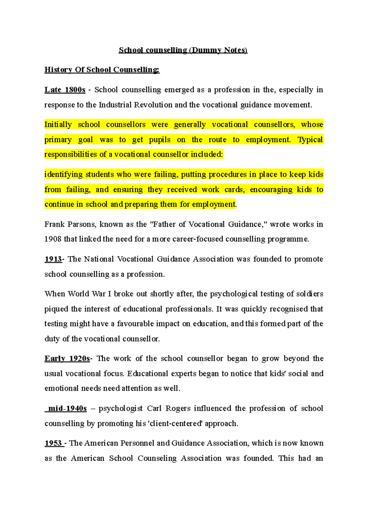 School counselling (dummy notes) Semester 5 - School counselling (Dummy ...
