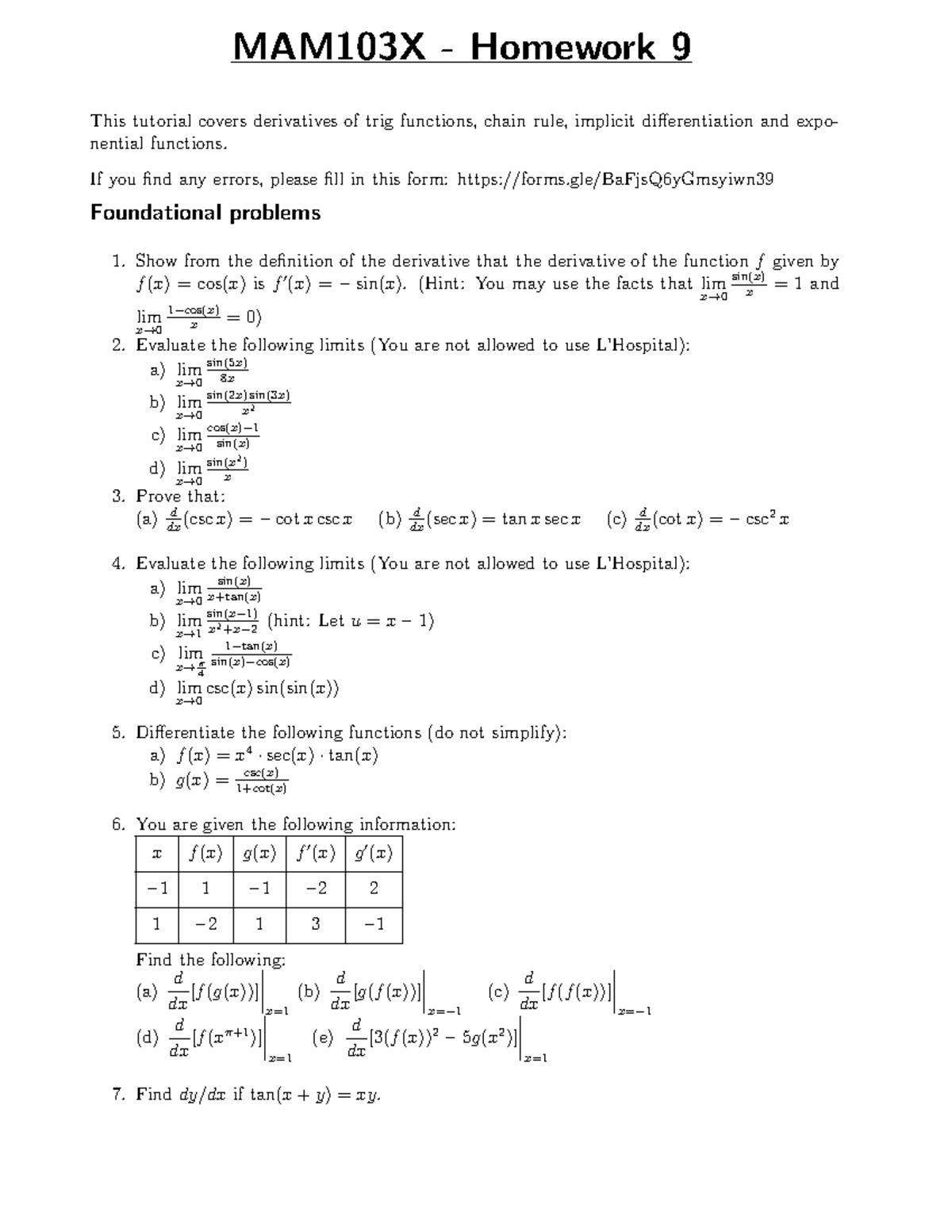 Tutorialproblems 10 - MAM103X - Homework 9 This tutorial covers derivatives of trig functions ...