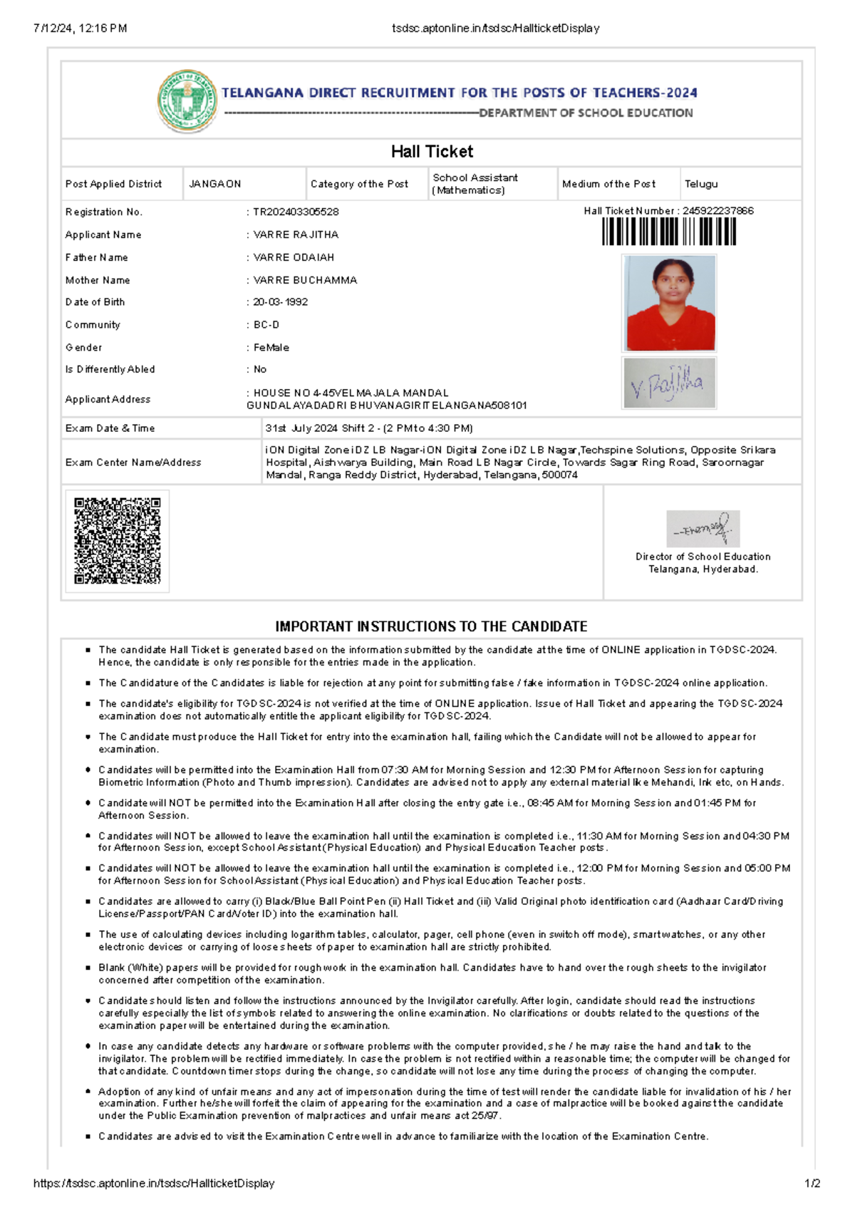 Tsdsc - fefr - Hall Ticket Post Applied District JANGAON Category of ...