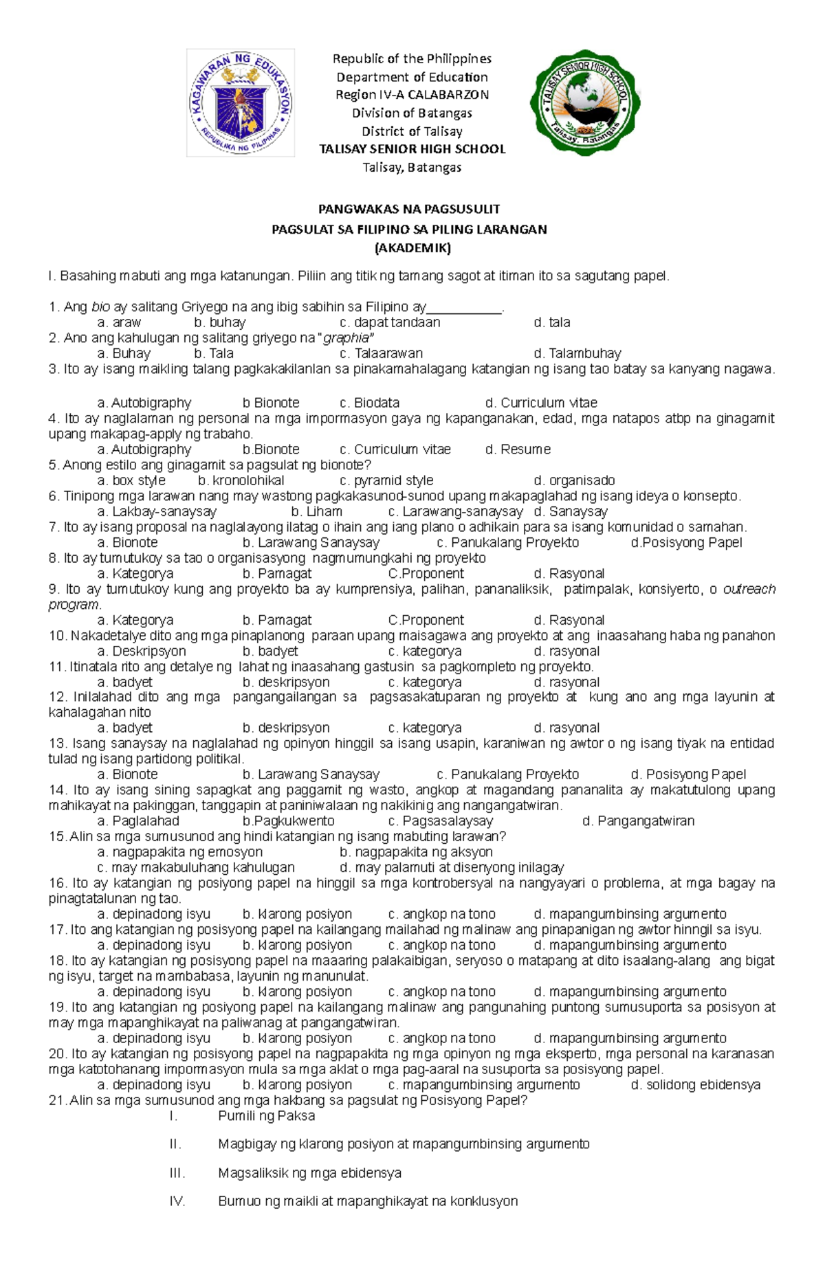 Final Exam Pagsulat Sa Filipino akademik Republic Of The
