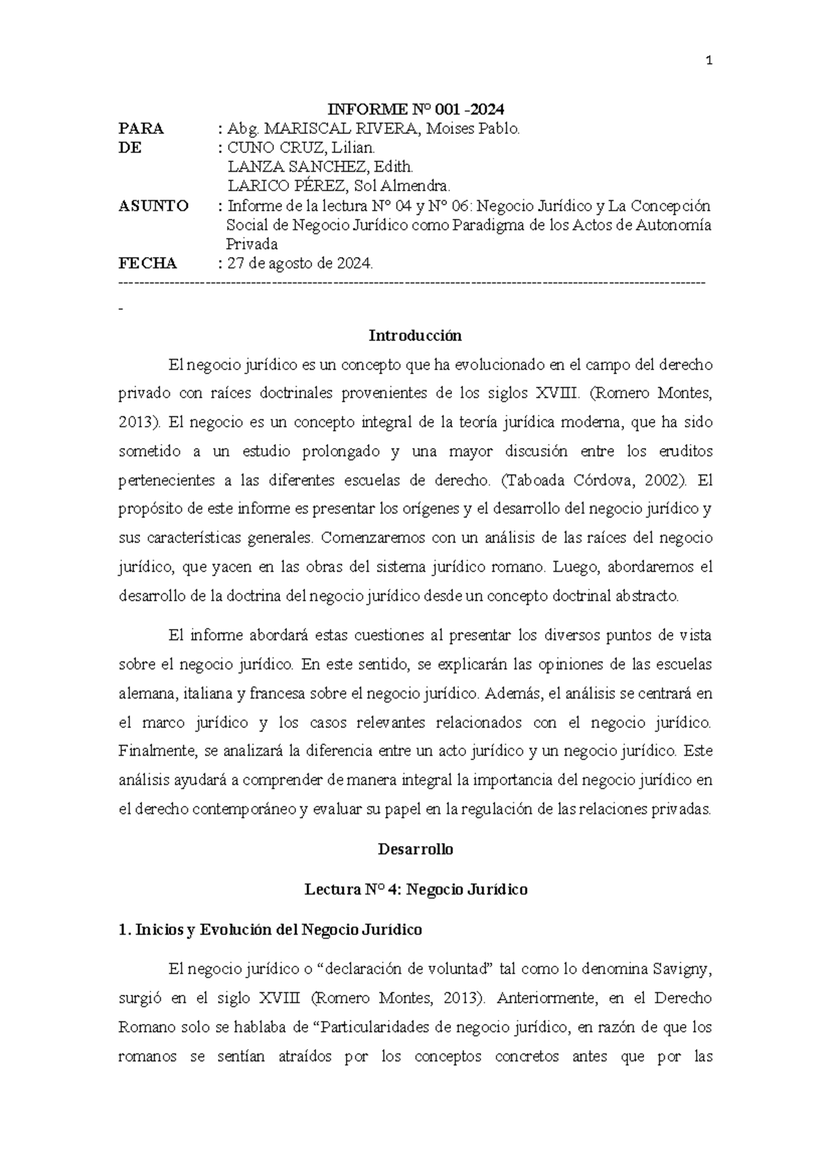 Negocio Jurídico - NIN - INFORME N° 001 - PARA : Abg. MARISCAL RIVERA ...