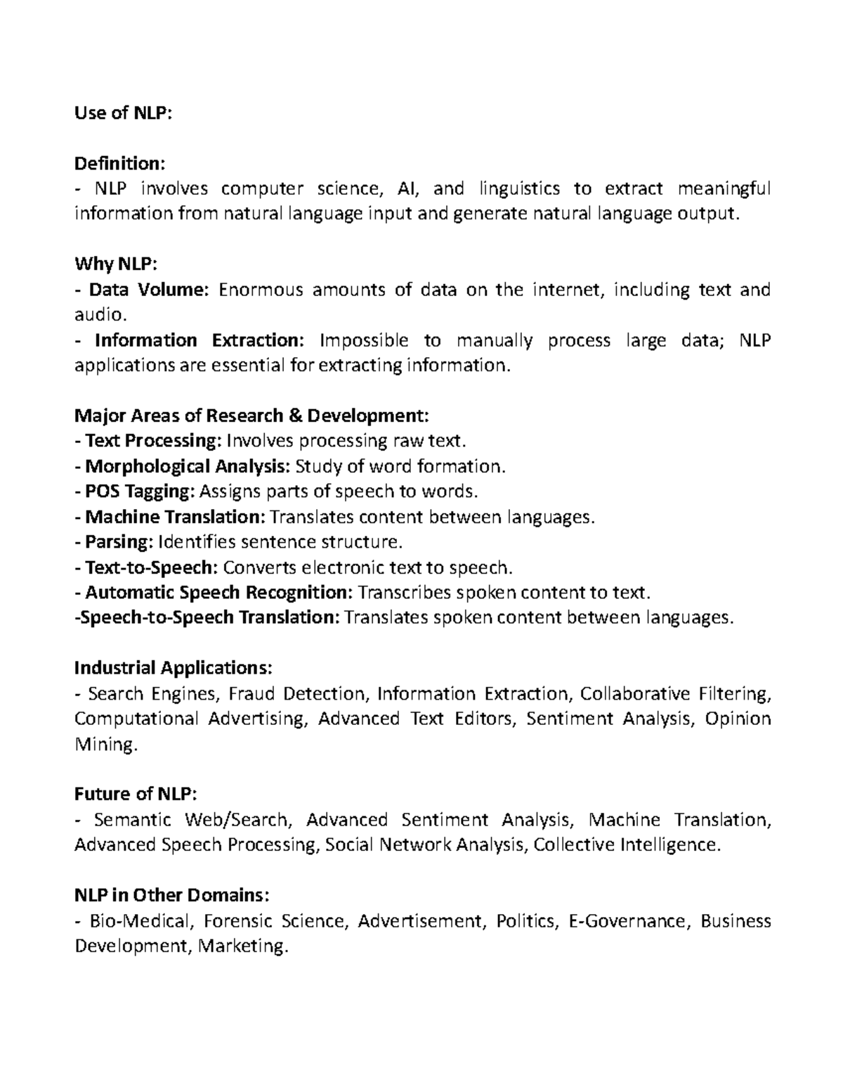 NLP MID lecture 1,2,6 - This is NLP metarial. - Use of NLP: Definition: NLP involves computer ...