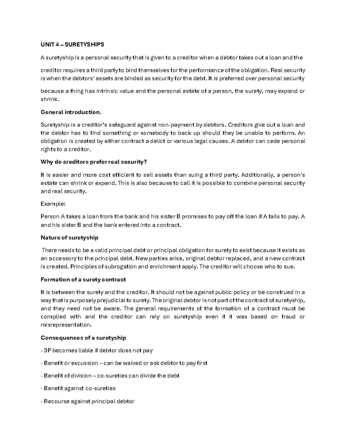 UNIT 4 surity - suretyship - UNIT 4 – SURETYSHIPS A suretyship is a ...