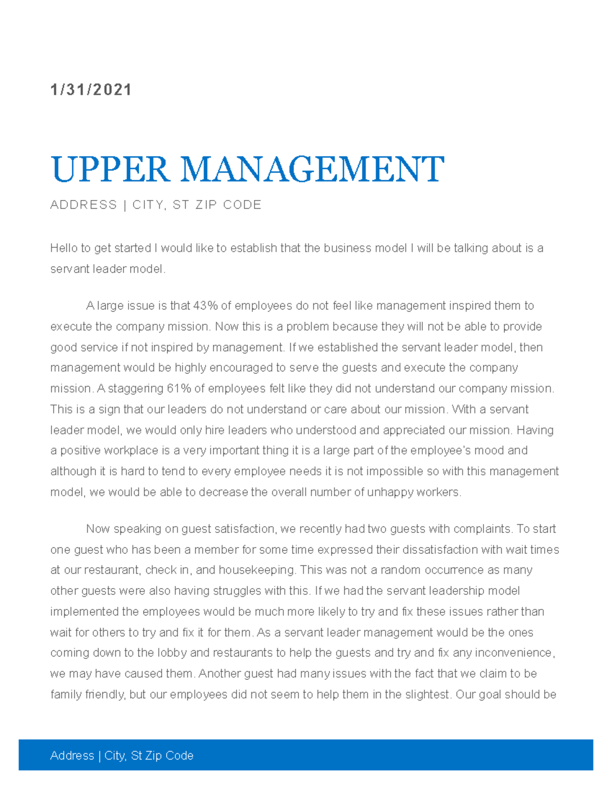 Letter to Upper Managment - 1/31/ UPPER MANAGEMENT ADDRESS | CITY, ST ...